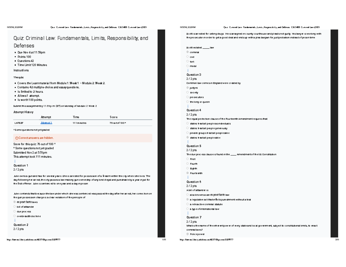 Quiz CJUS400 Criminal Law: Understanding Fundamentals, Limits ...