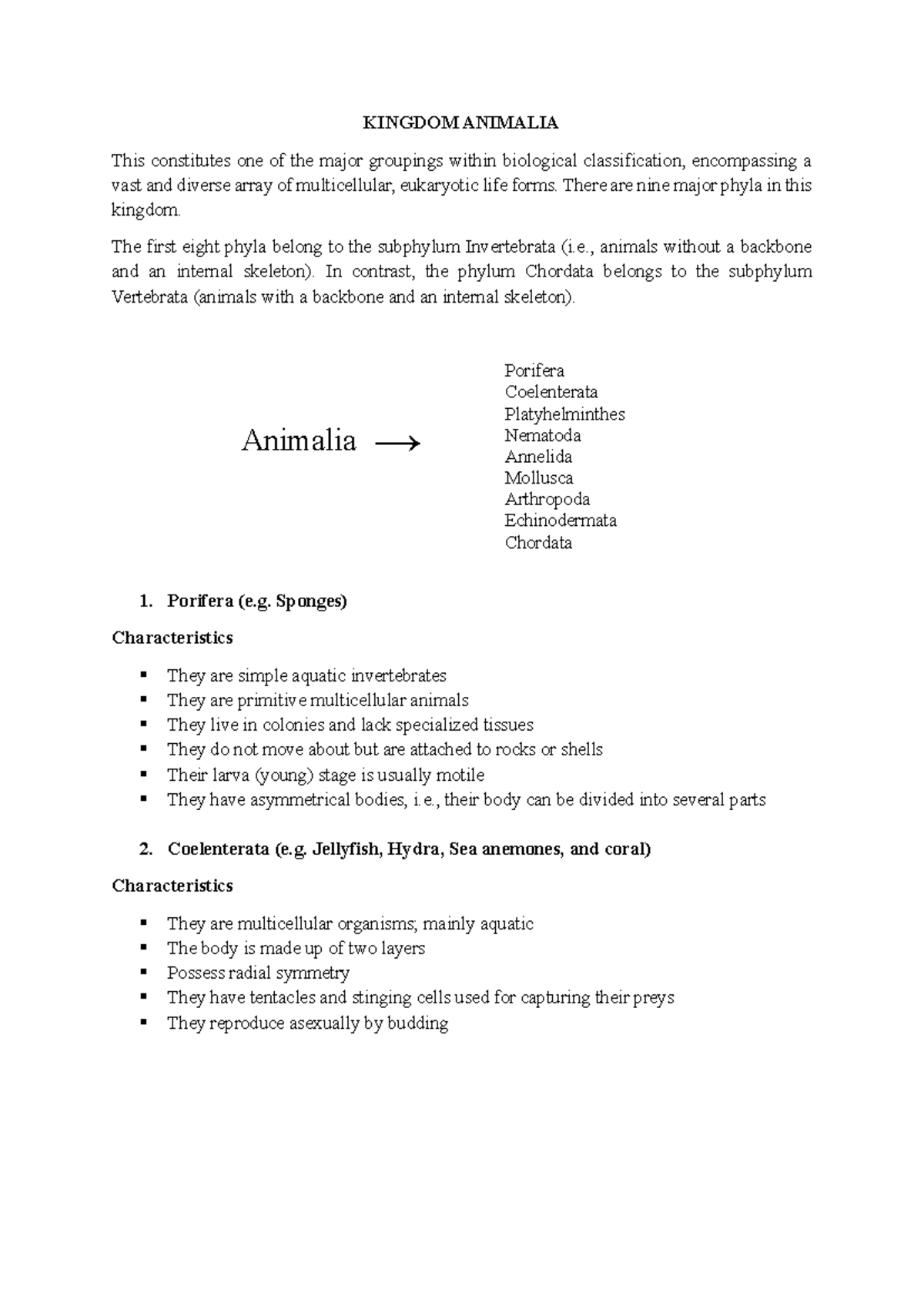 Biology Notes: Kingdom Animalia Overview and Phyla Details - Studocu