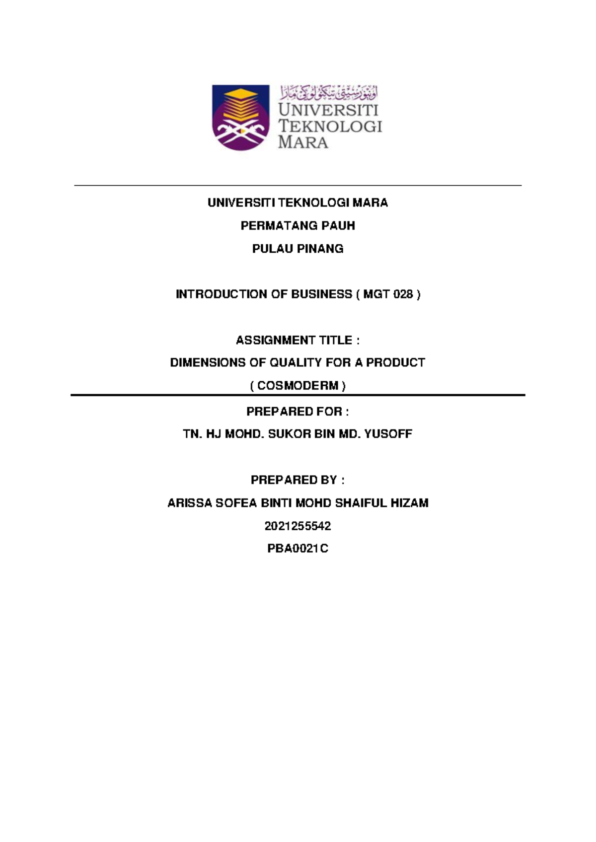 MGT 028 - Assignment on Dimensions of Quality for Cosmoderm Products ...