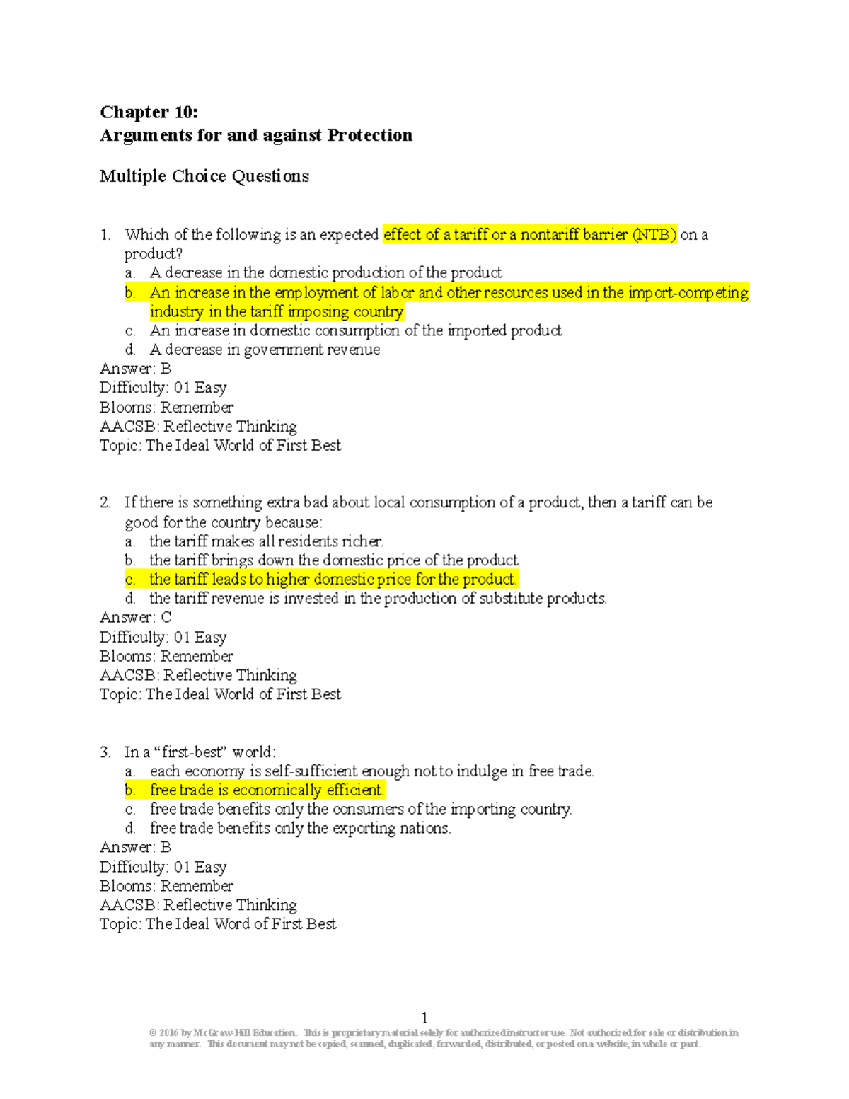 Pugel 16e TB Chapter 10 - Chapter 10: Arguments for and against Protection Multiple Choice ...