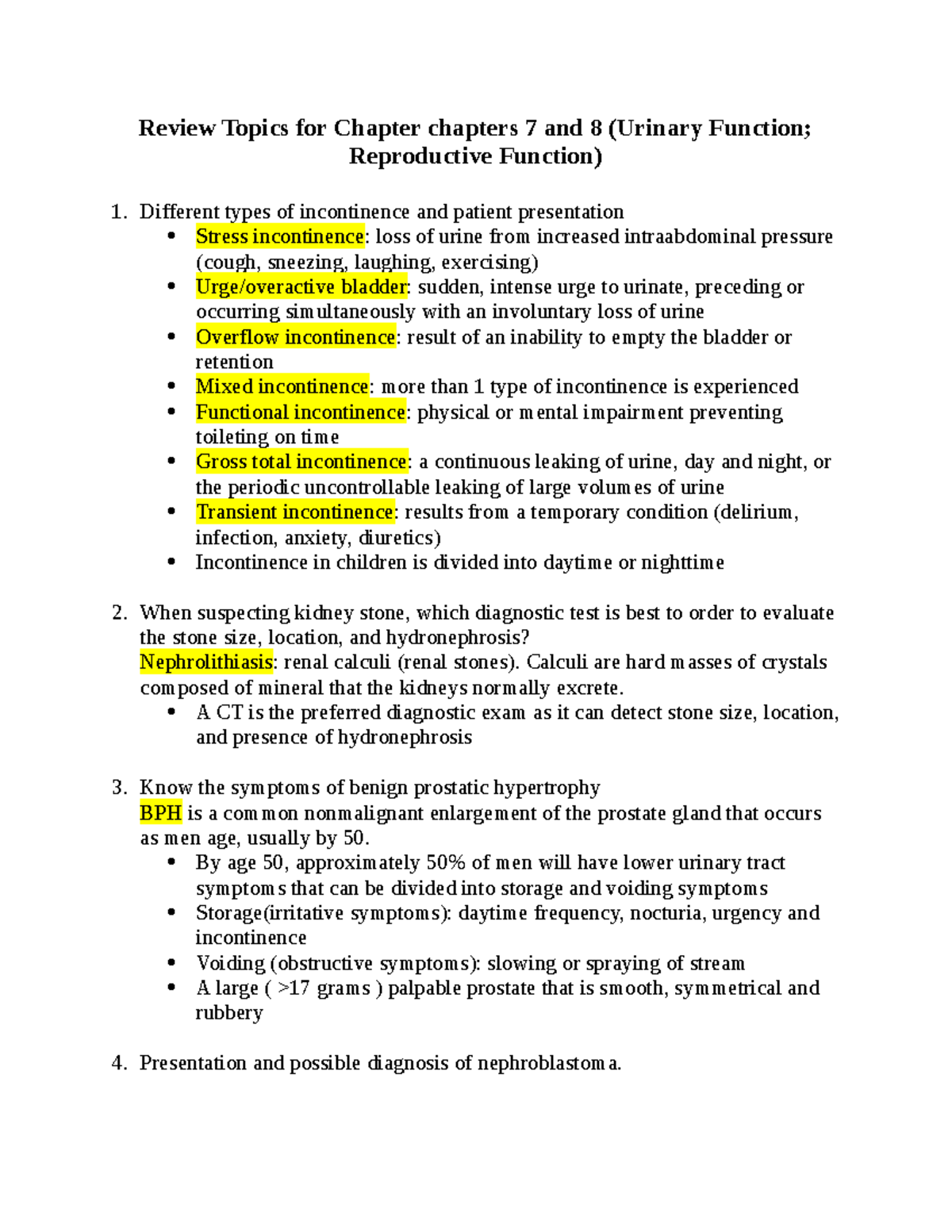 Review Topics for Chapters 7 & 8: Urinary & Reproductive ...