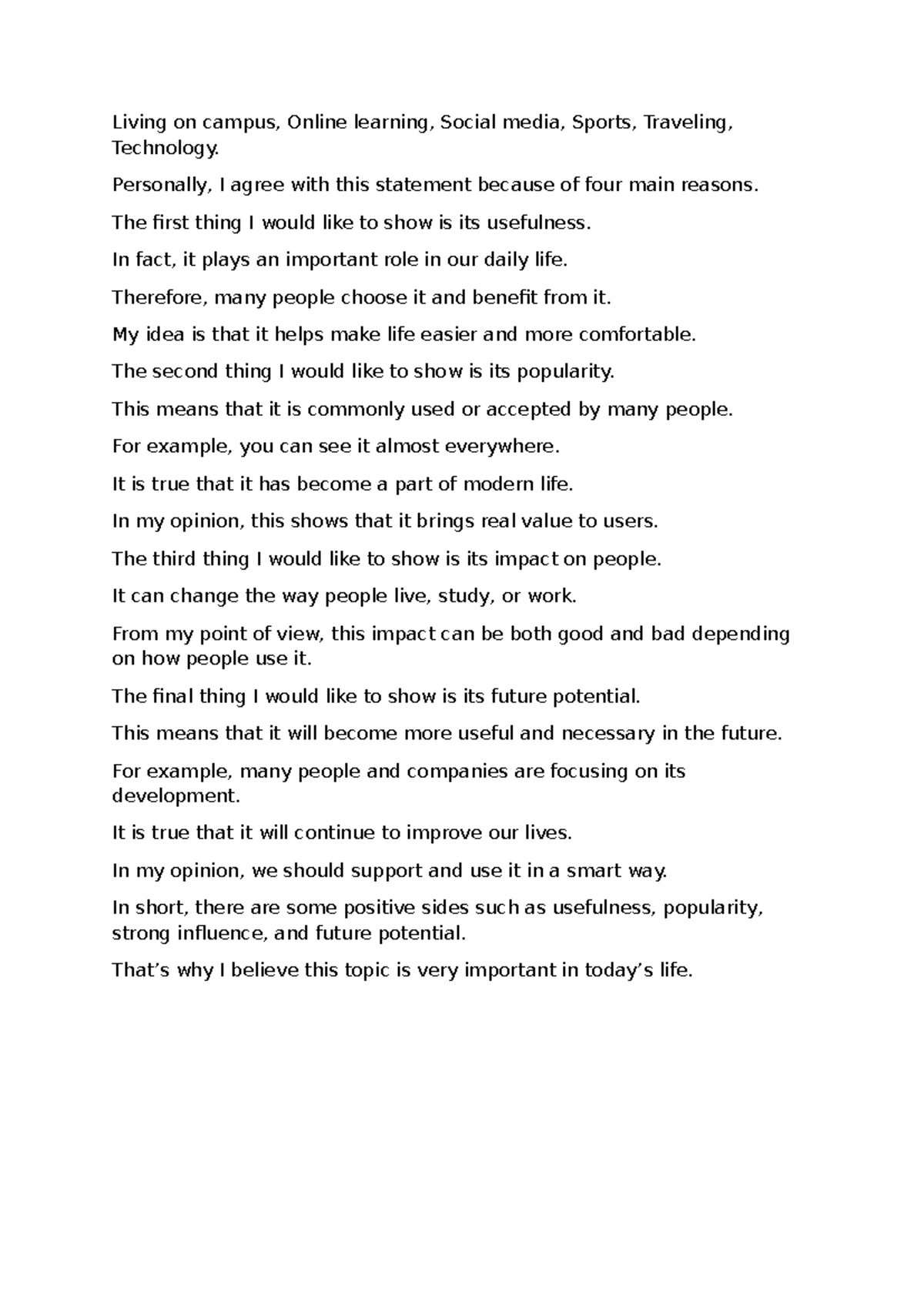 Part 3 Speaking B1: Reasons and Examples for Various Topics - Studocu
