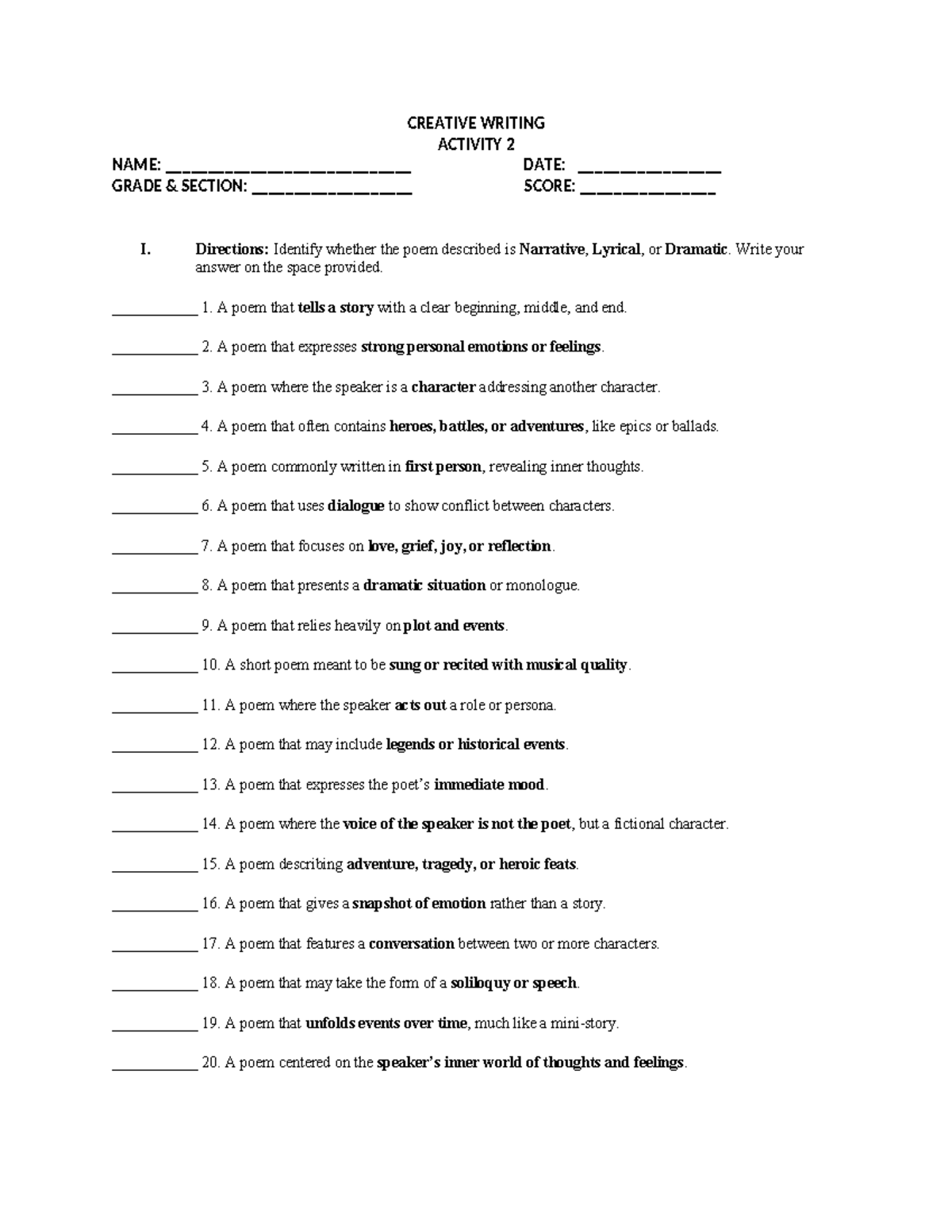 Creative Writing Activity #2: Poem Types & Rhymes - Studocu