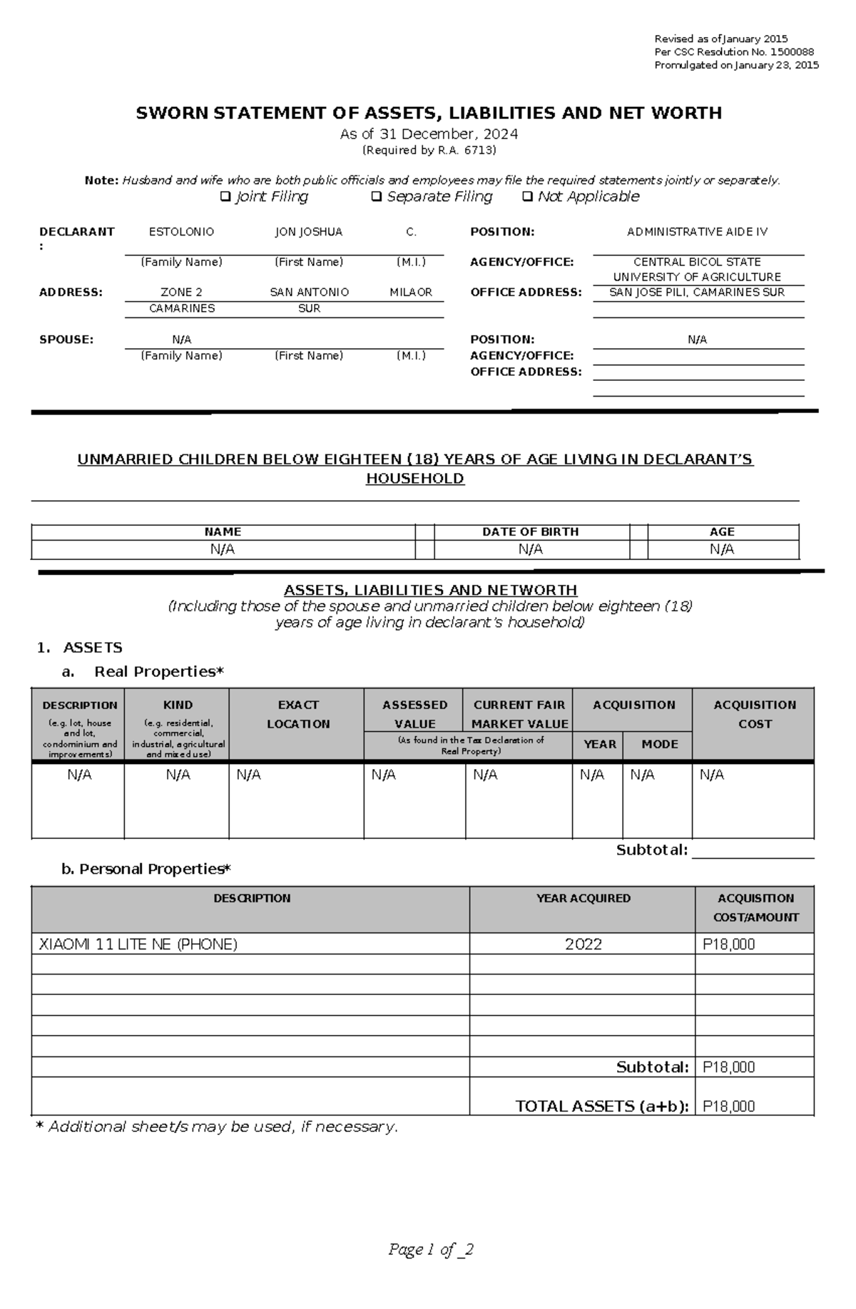 2024 SALN - SALN - Revised as of January 2015 Per CSC Resolution No ...