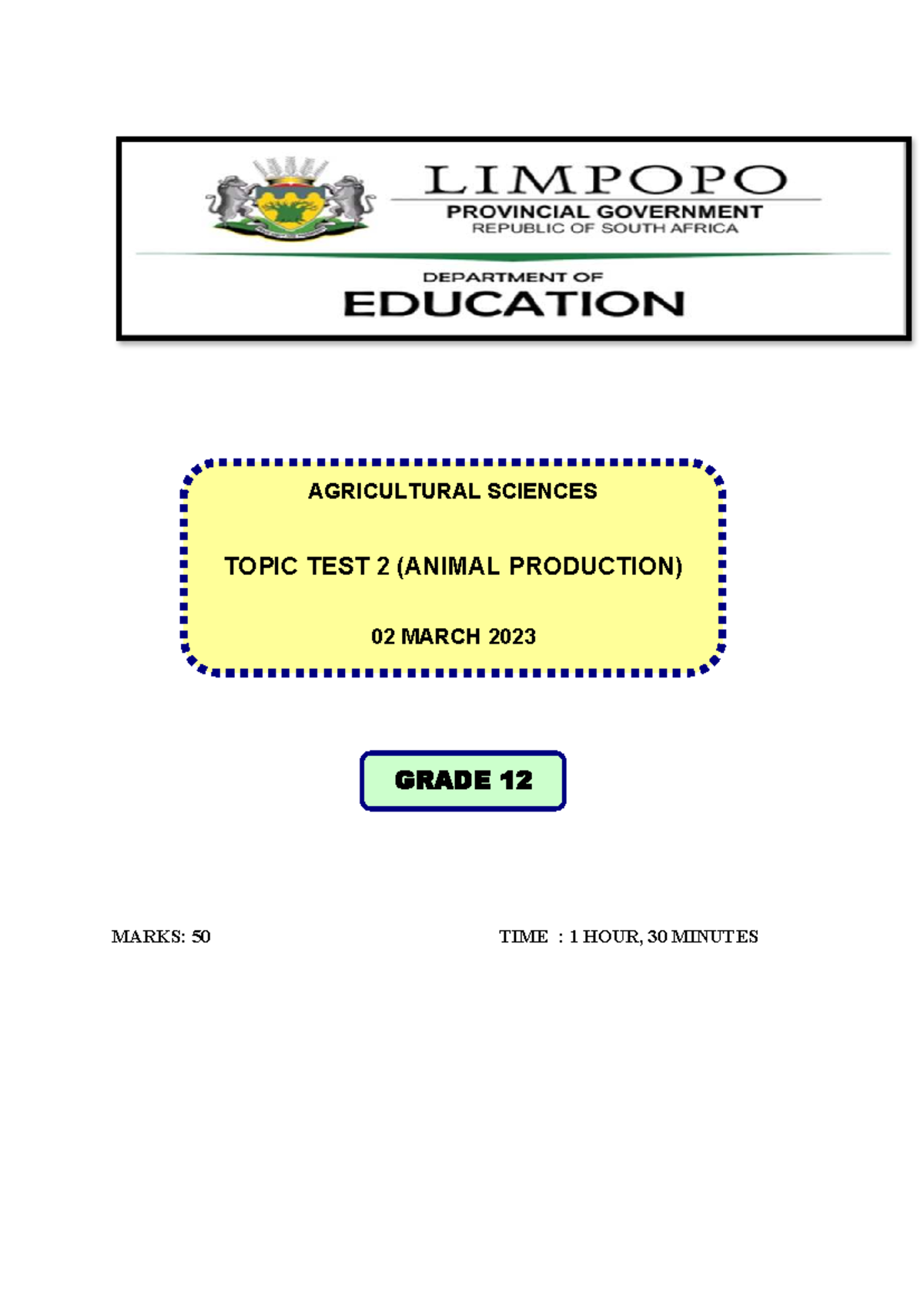 Grade 12 Agricultural Sciences: Topic Test 2 - Animal Production 12-1 ...