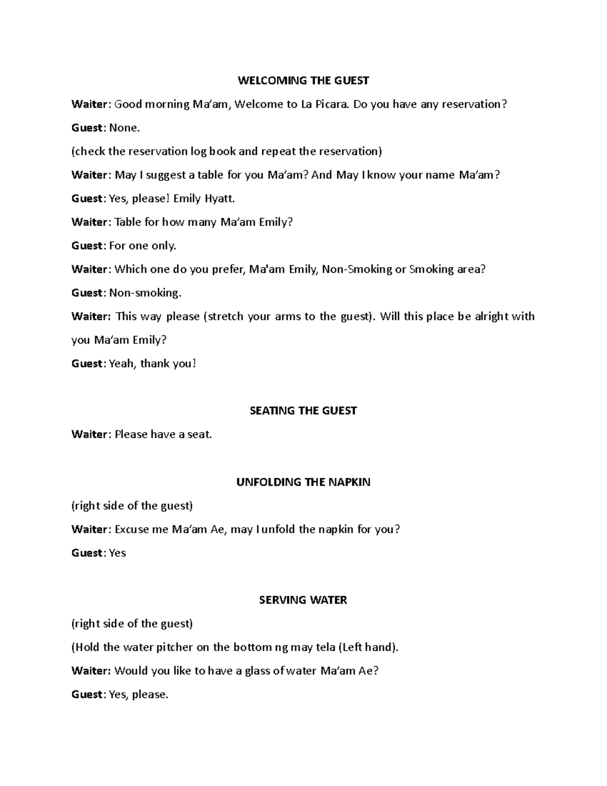 Welcoming THE Guest Service Sequence Preparing THE WINE ( Script ...