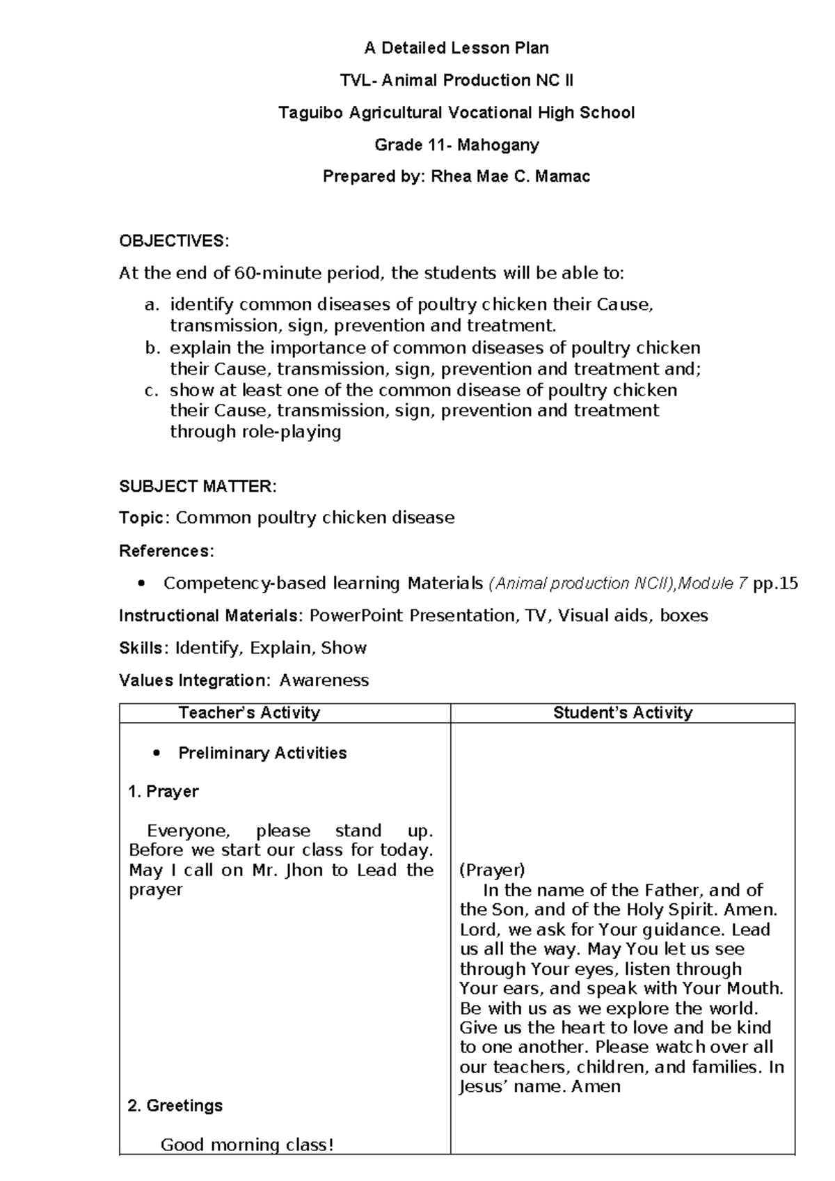 3rd DLP (Final) - Lesson Plan on Common Poultry Diseases - Studocu