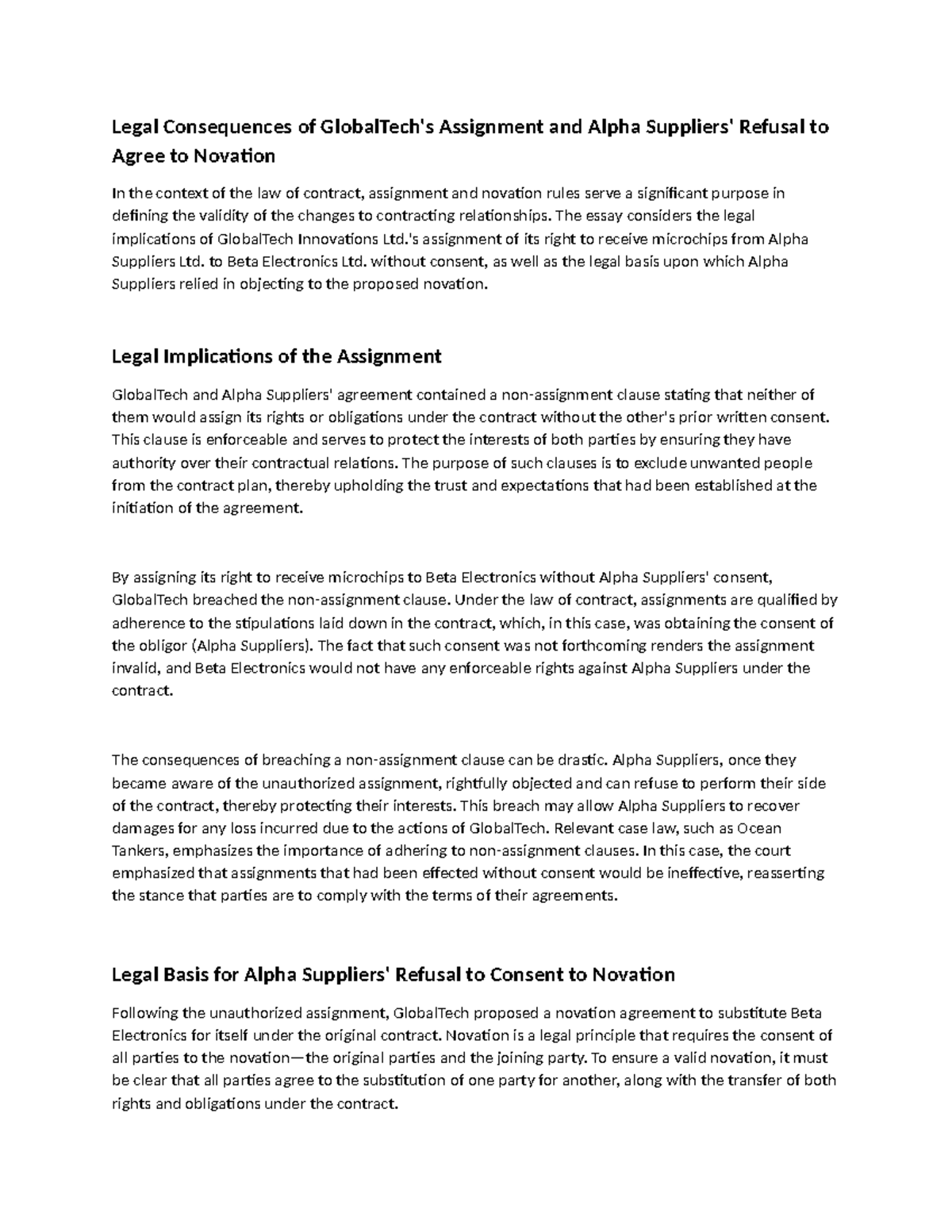 Legal Consequences of Assignment: GlobalTech & Alpha Suppliers' Case ...