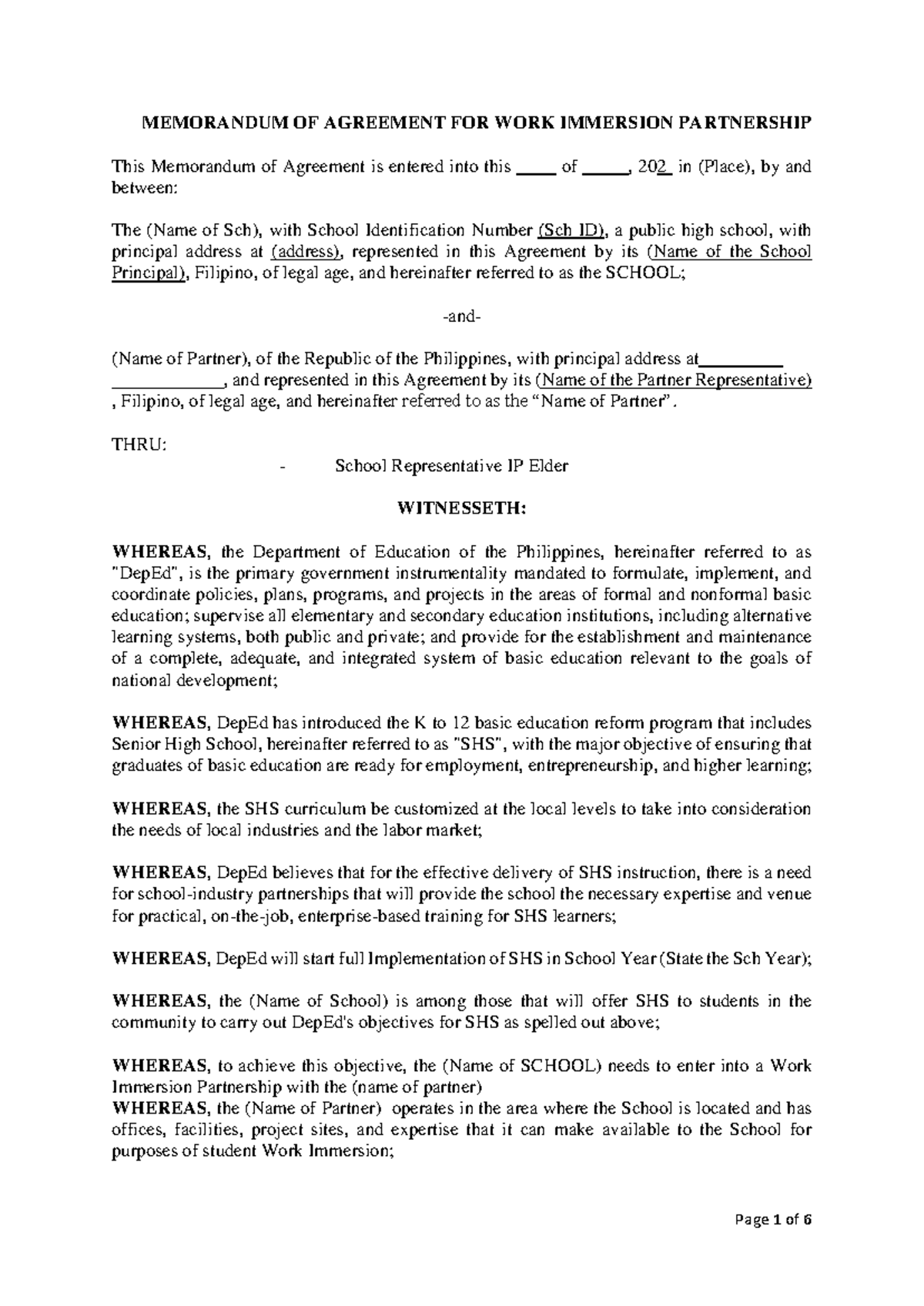Memorandum of Agreement for SHS Work Immersion Partnership - Studocu