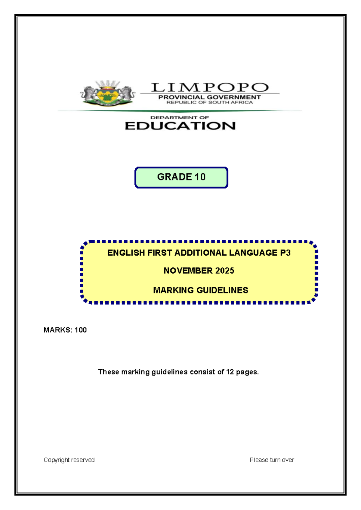 Grade 10 English FAL P3 November 2025 Marking Guidelines - Studocu
