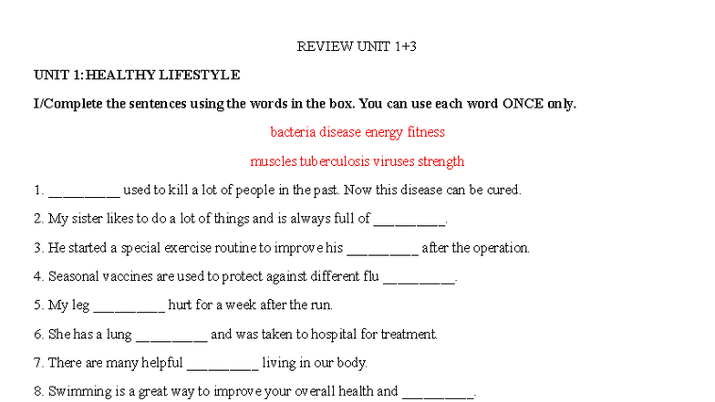 REVIEW TEST 1 UNIT 1-3: HEALTHY LIFESTYLE & GENERATION GAP - Studocu