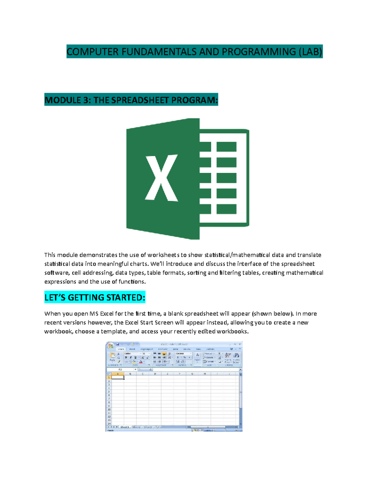 Module 3 THE Spreadsheet Program - COMPUTER FUNDAMENTALS AND PROGRAMMING (LAB) MODULE 3: THE ...
