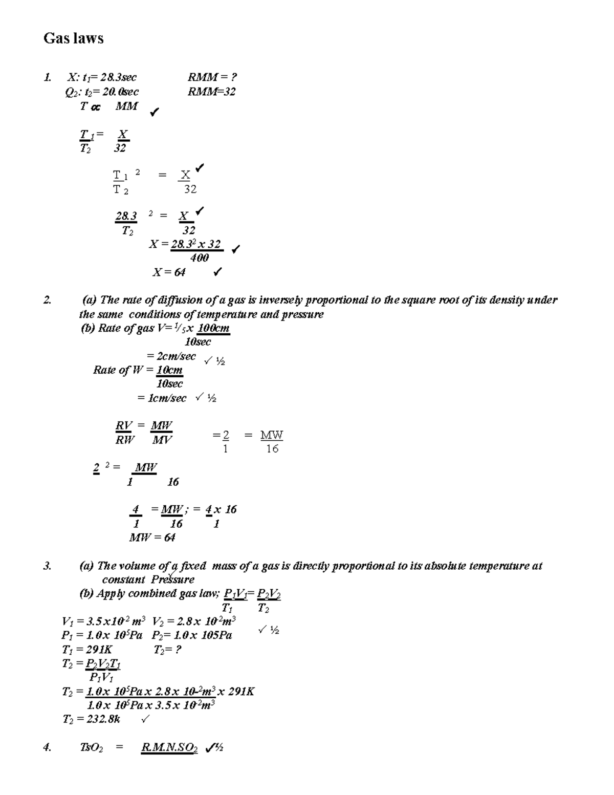 FORM 3 GAS LAWS ANSWERS: Key Concepts and Calculations - Studocu