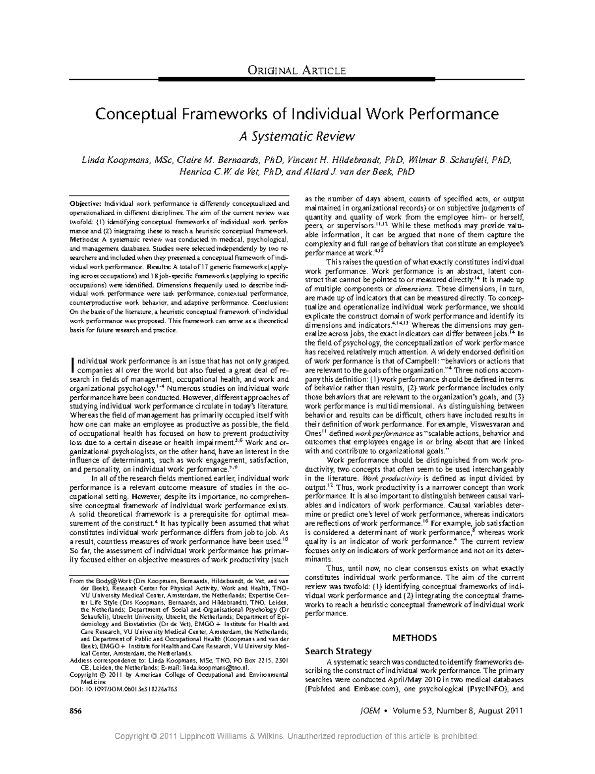 Conceptual Frameworks of Individual Work Performance: A Systematic Review - Studocu