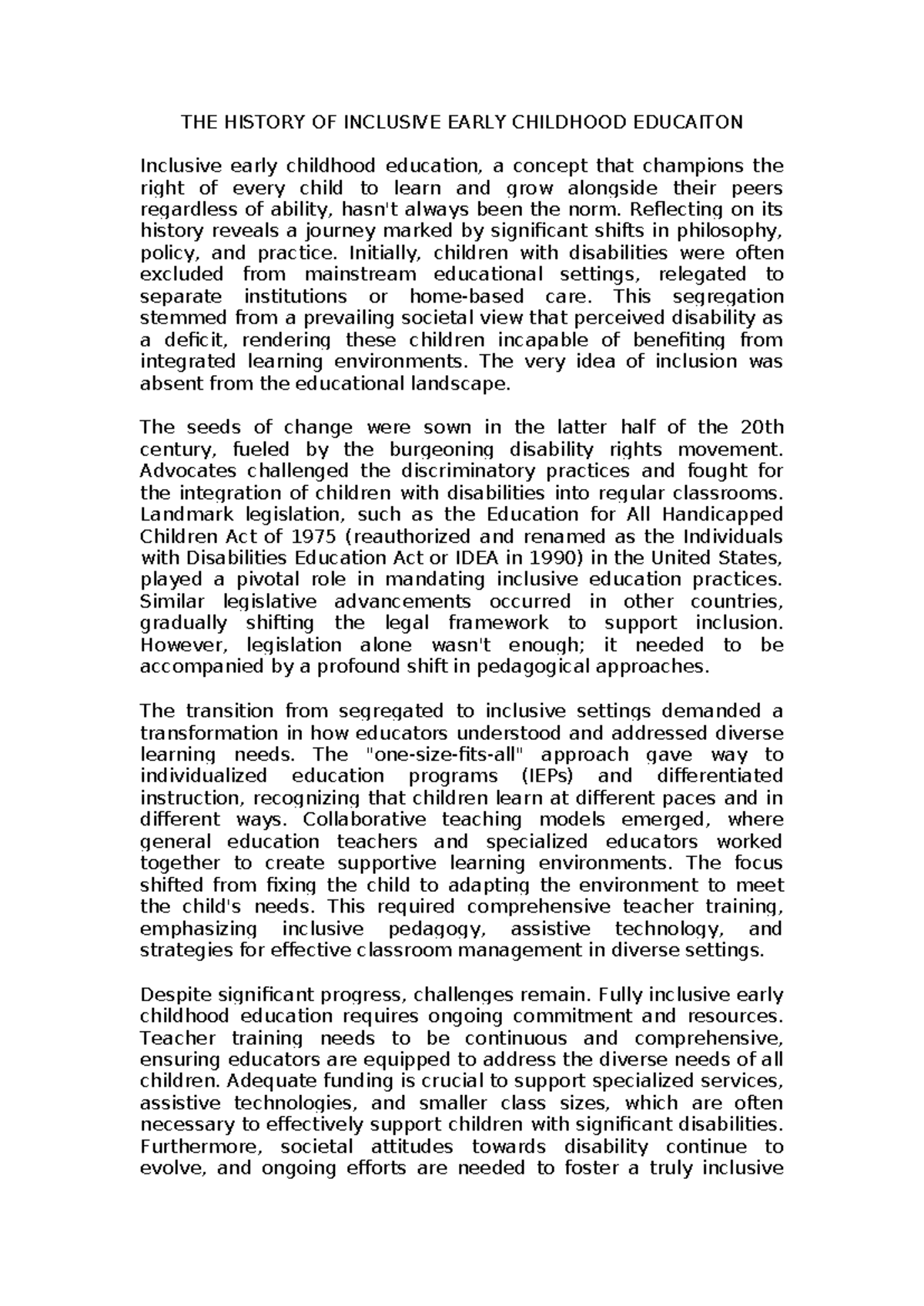 THE History OF Inclusive Early Childhood Educaiton - THE HISTORY OF ...