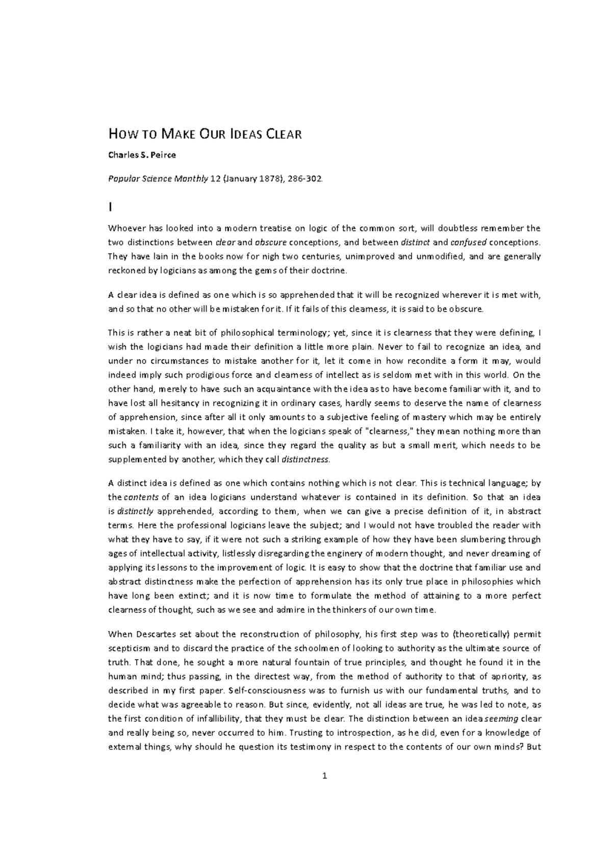 How to Make Our Ideas Clear: A Discussion on Clearness and Logic - H OW ...