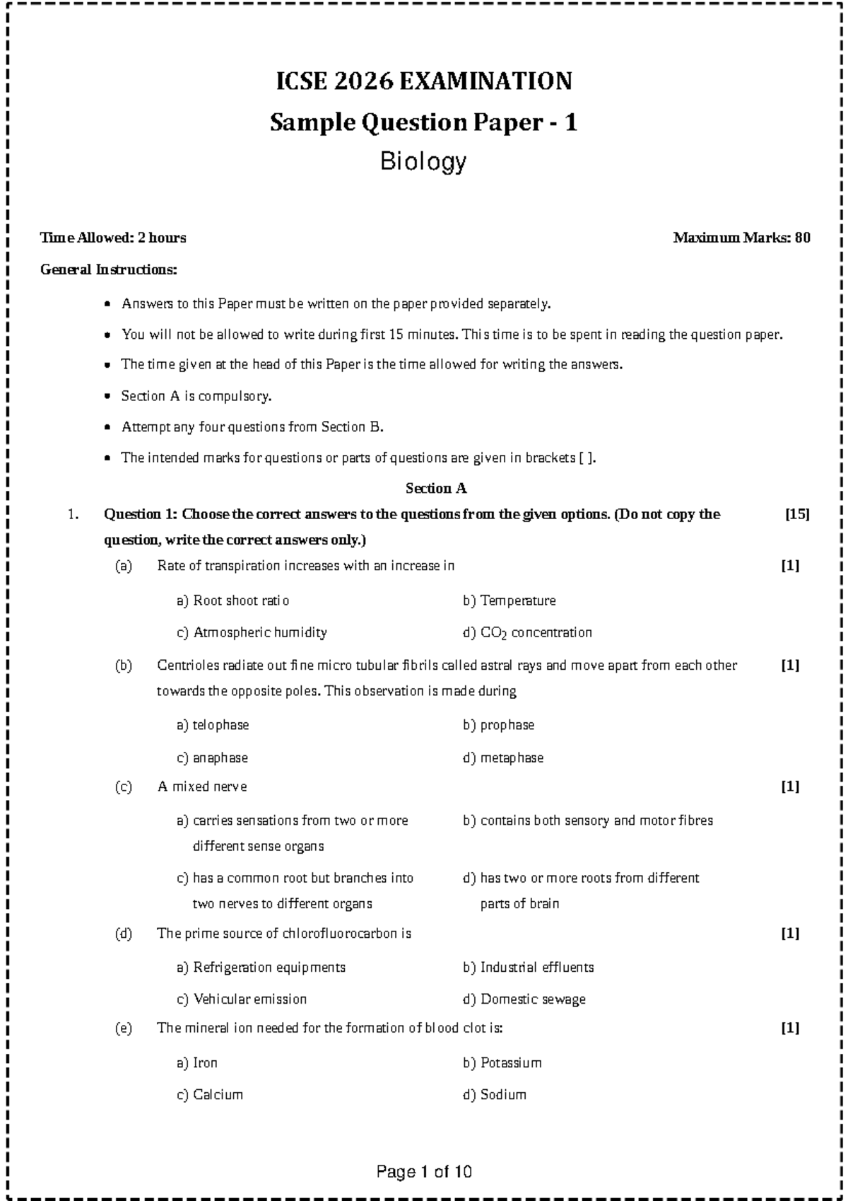 ICSE 2026 BIOLOGY Sample Question Paper 1 - Exam Prep - Studocu