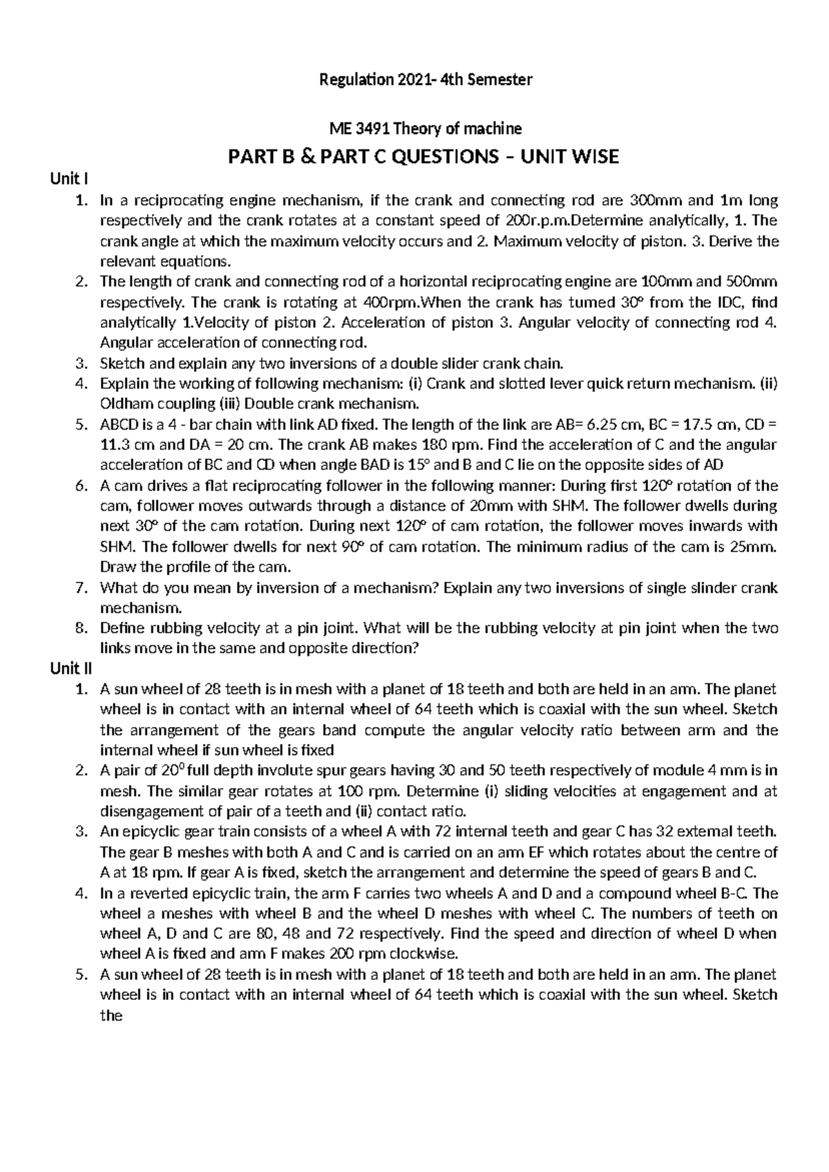 29.ME3491 Theory of Machines Quiz Questions - Unit Wise Breakdown - Studocu