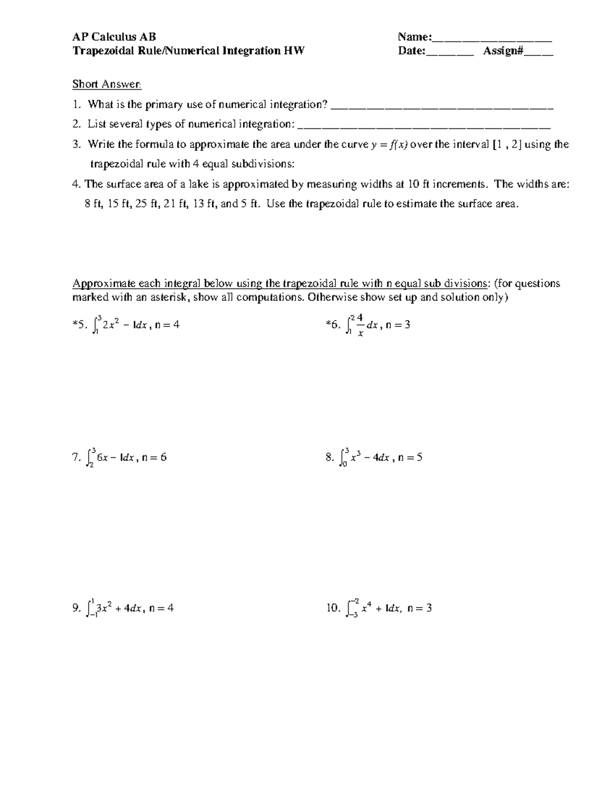 AP Calculus AB: Trapezoidal Integration HW Solutions - Studocu
