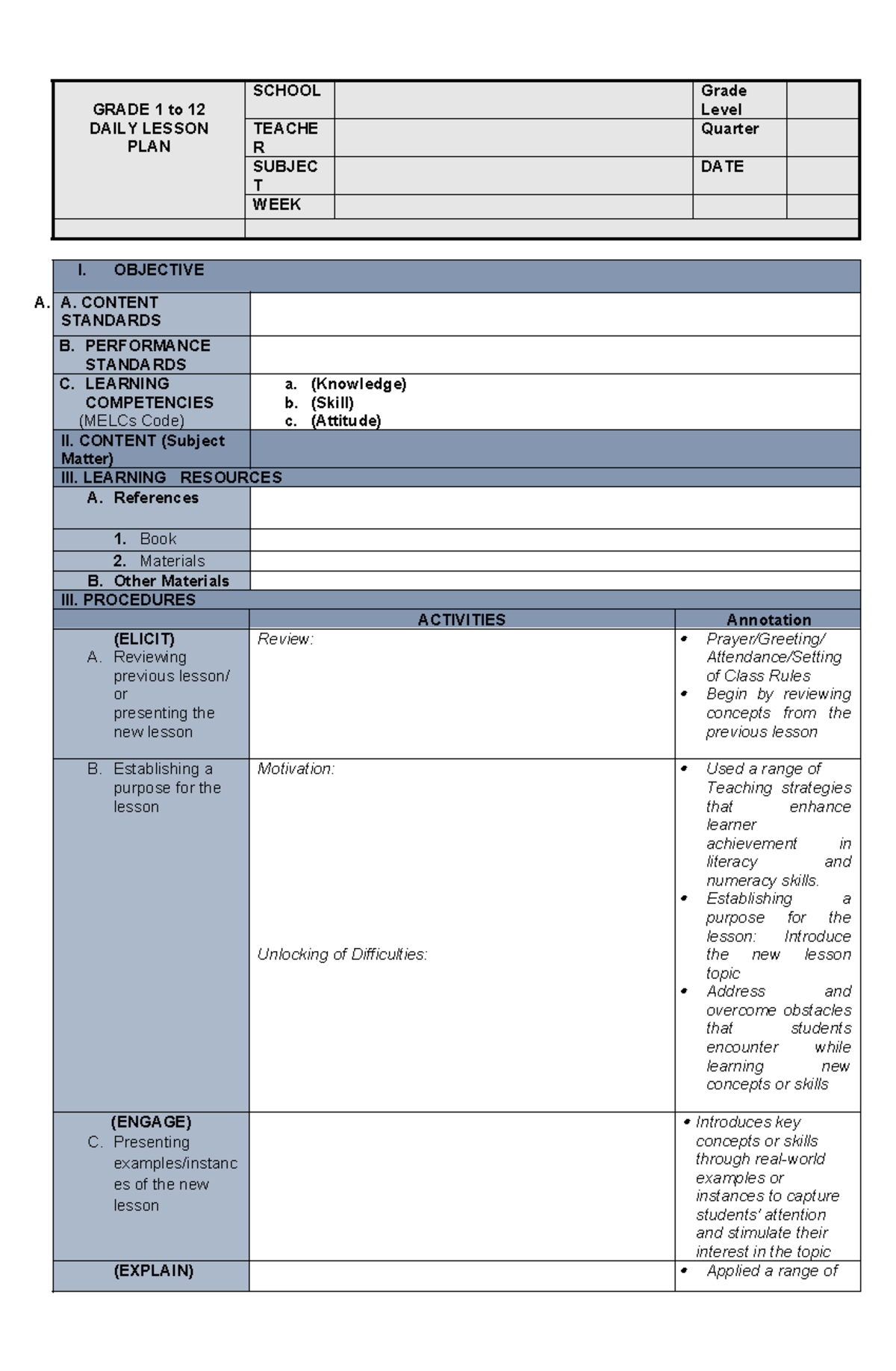 7Es Daily Lesson Plan Template for Grades 1-12 - Studocu