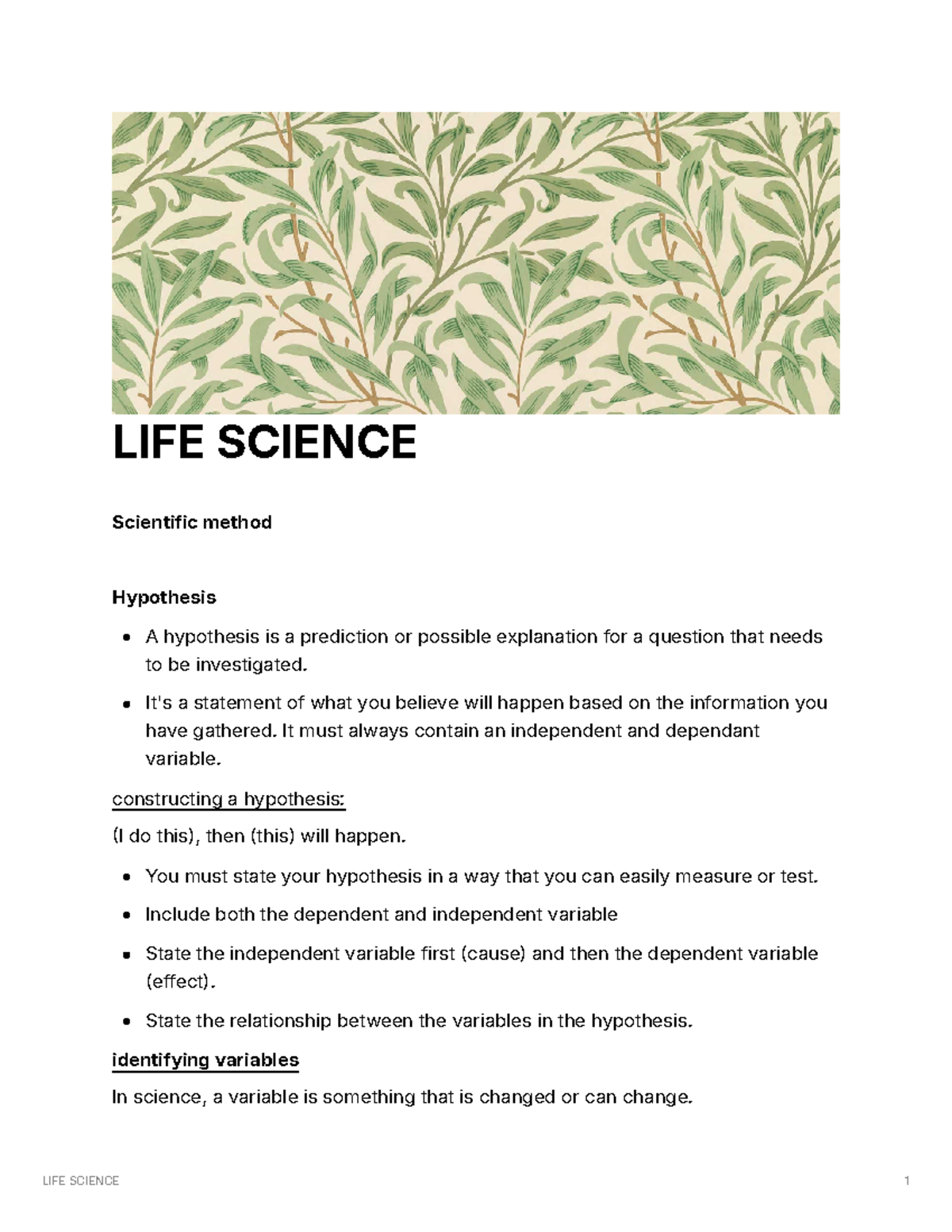 LIFE SCIENCE 101: Understanding Hypothesis & Scientific Method - Studocu