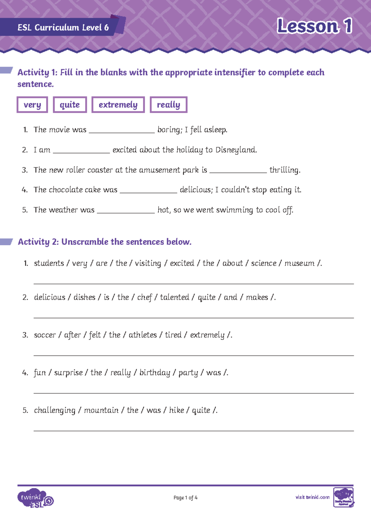 ESL Curriculum Level 6: Lesson 1 Intensifiers Worksheet - Studocu