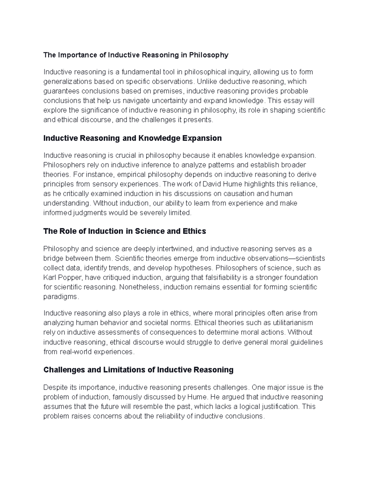 The Role and Importance of Inductive Reasoning in Philosophy Essay ...