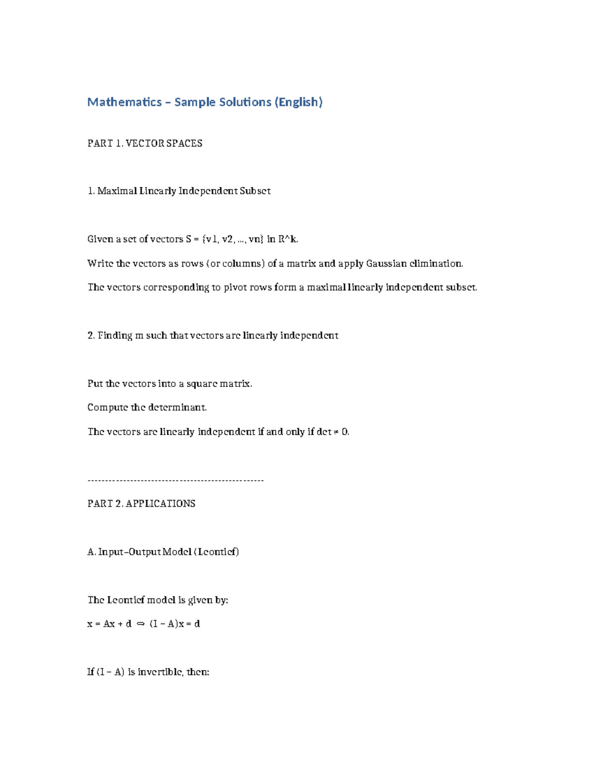 Math Sample Solutions: Vector Spaces & Calculus Applications - Studocu