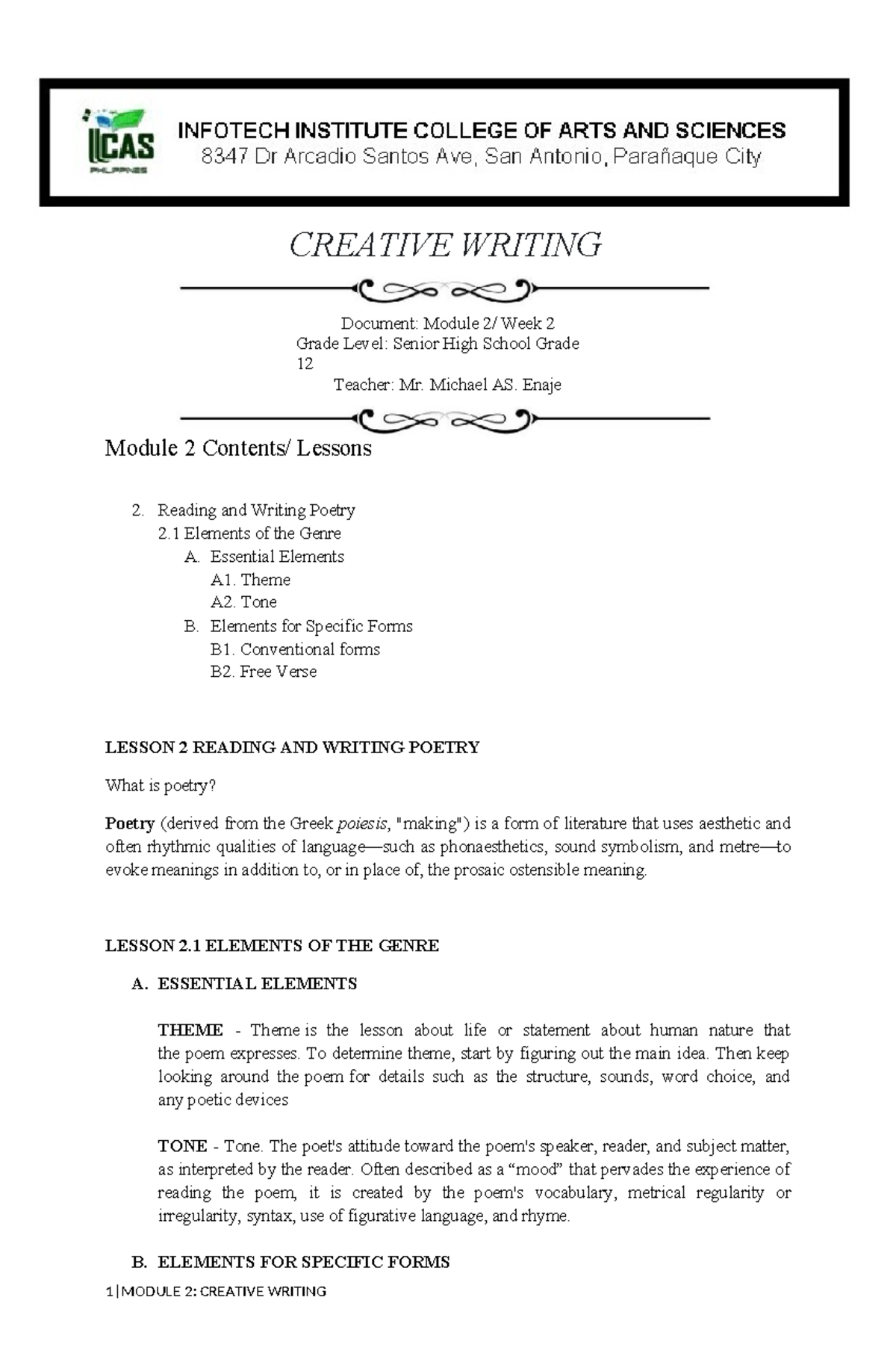 Creative writing module 2 - 1 |MODULE 2: CREATIVE WRITING CREATIVE ...