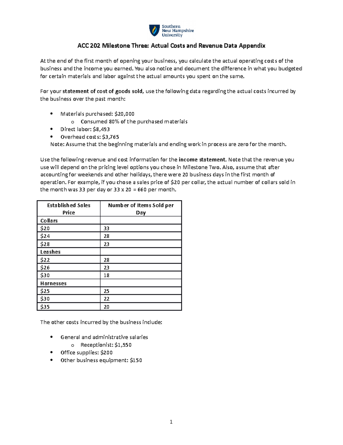 ACC 202 Milestone Three: Appendix on Actual Costs & Revenue Analysis ...