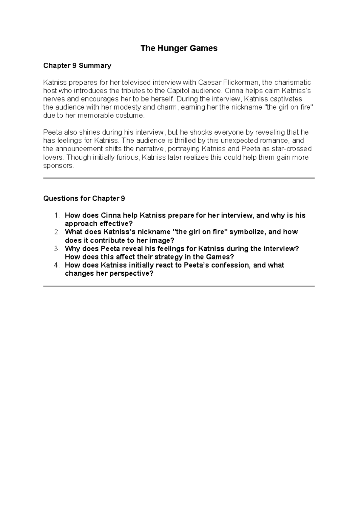 The Hunger Games - Chapter 9 Summary & Questions - Studocu