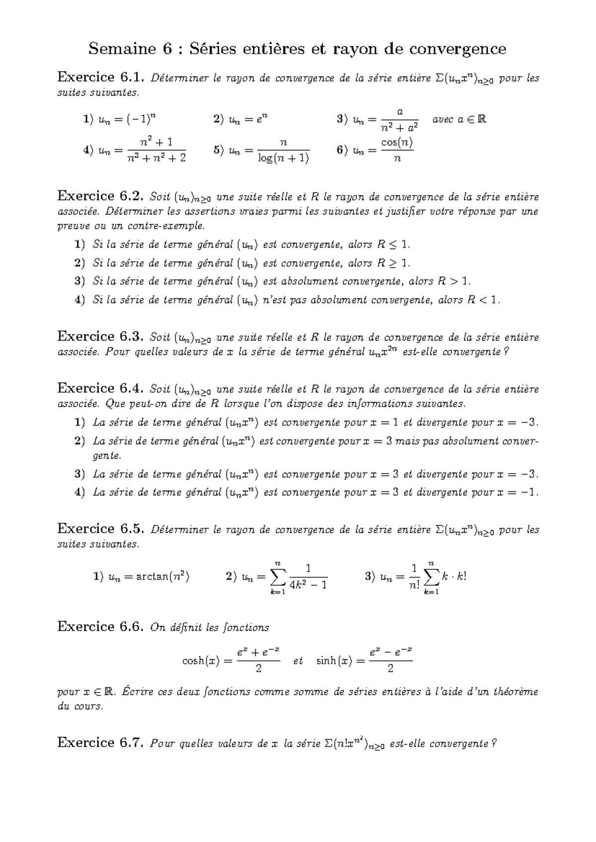 TD6 - Séries Entières et Rayon de Convergence: Exercices 6.1 à 6.7 ...