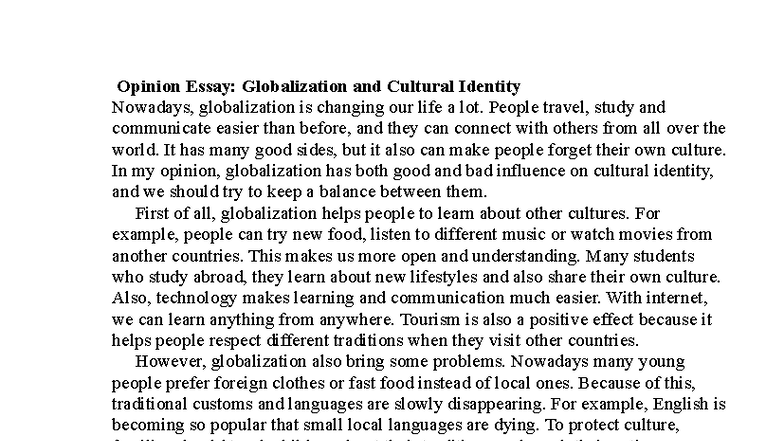 Globalization & Cultural Identity: An Opinion Essay - Studocu