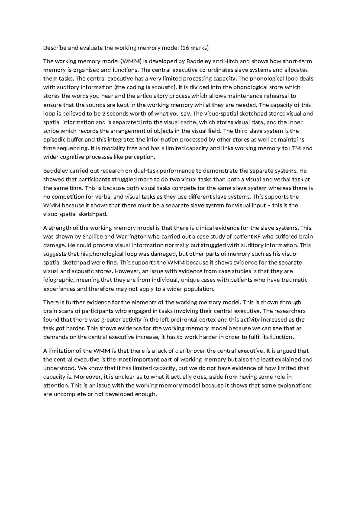 Evaluation of the Working Memory Model - Psychology 101 Notes - Studocu