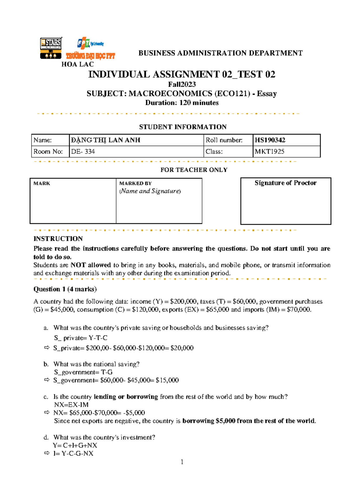 ECO121 Individual Assignment 02 - Macroeconomics Test 02 Fall 2023 ...