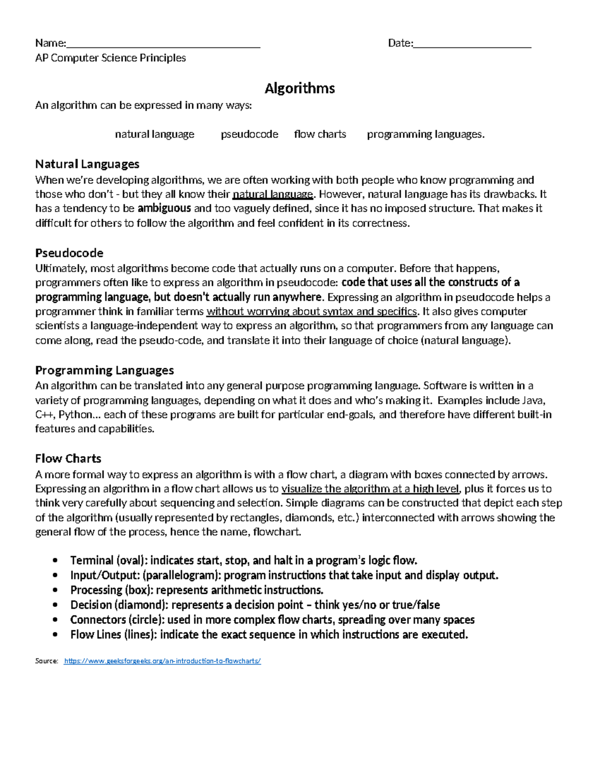 AP Computer Science Principles: Understanding Algorithms & Flowcharts - Studocu