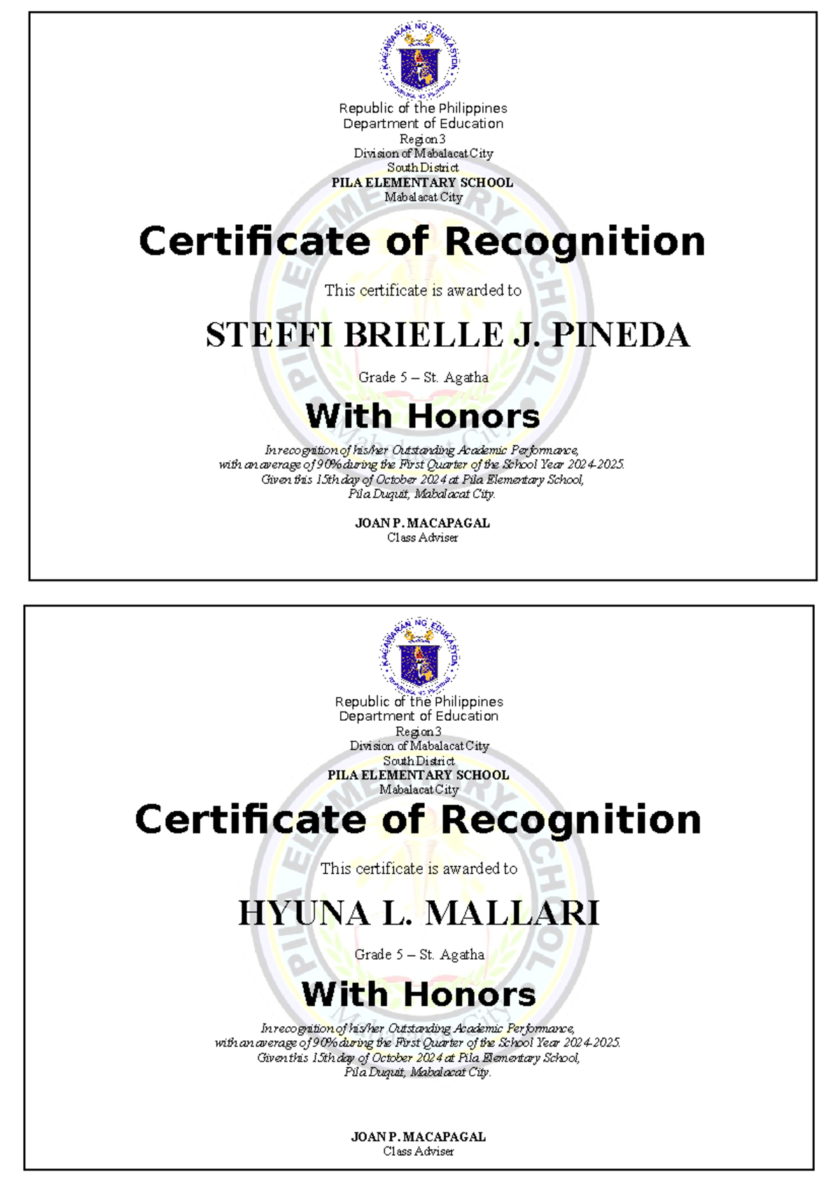 Certificate of Recognition with Honors - Grade 5, 1st Quarter 2024-2025 ...