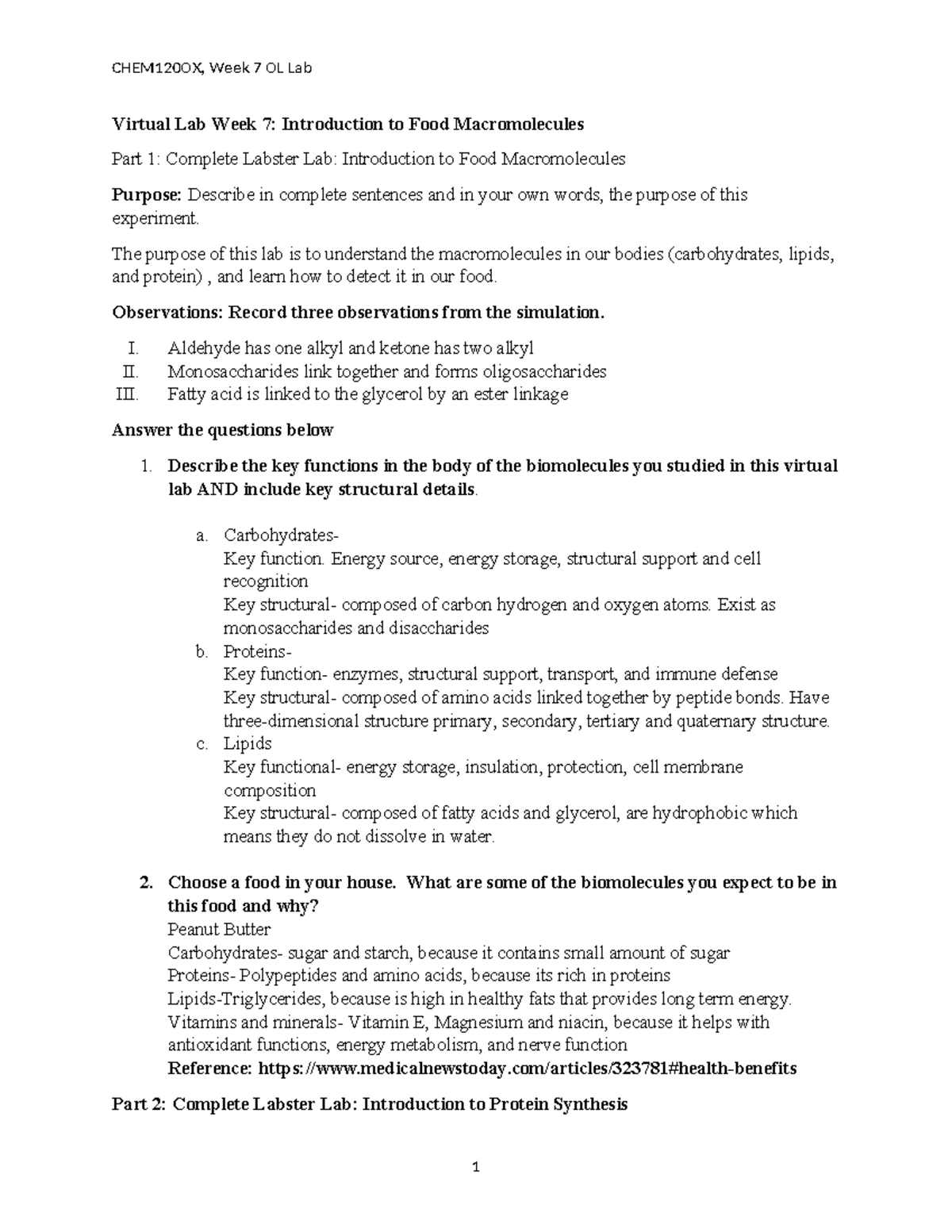 Week 7 lab report - CHEM120OX, Week 7 OL Lab Virtual Lab Week 7: Introduction to Food ...