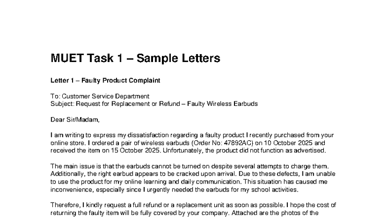 MUET Task 1 Sample Letters: Complaints for Faulty Products & Services ...