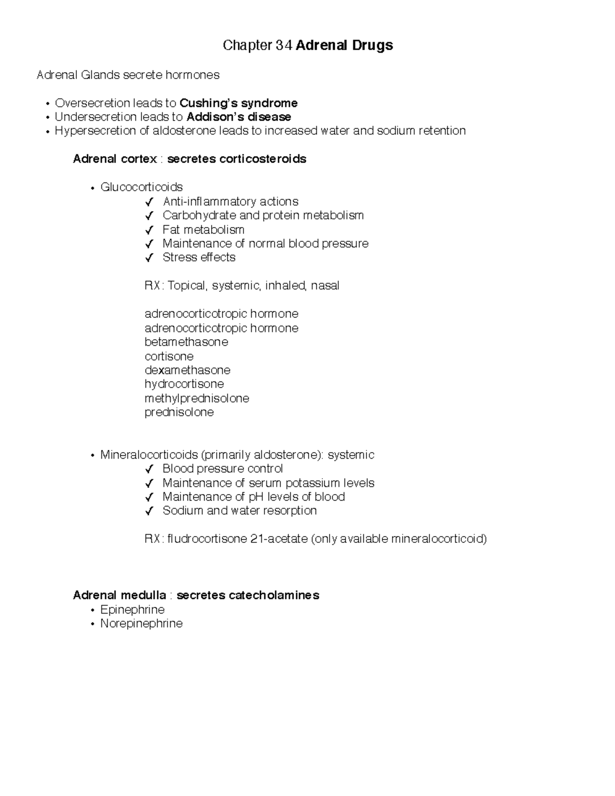 Chapter 34: Adrenal Drugs Overview and Nursing Implications - Studocu