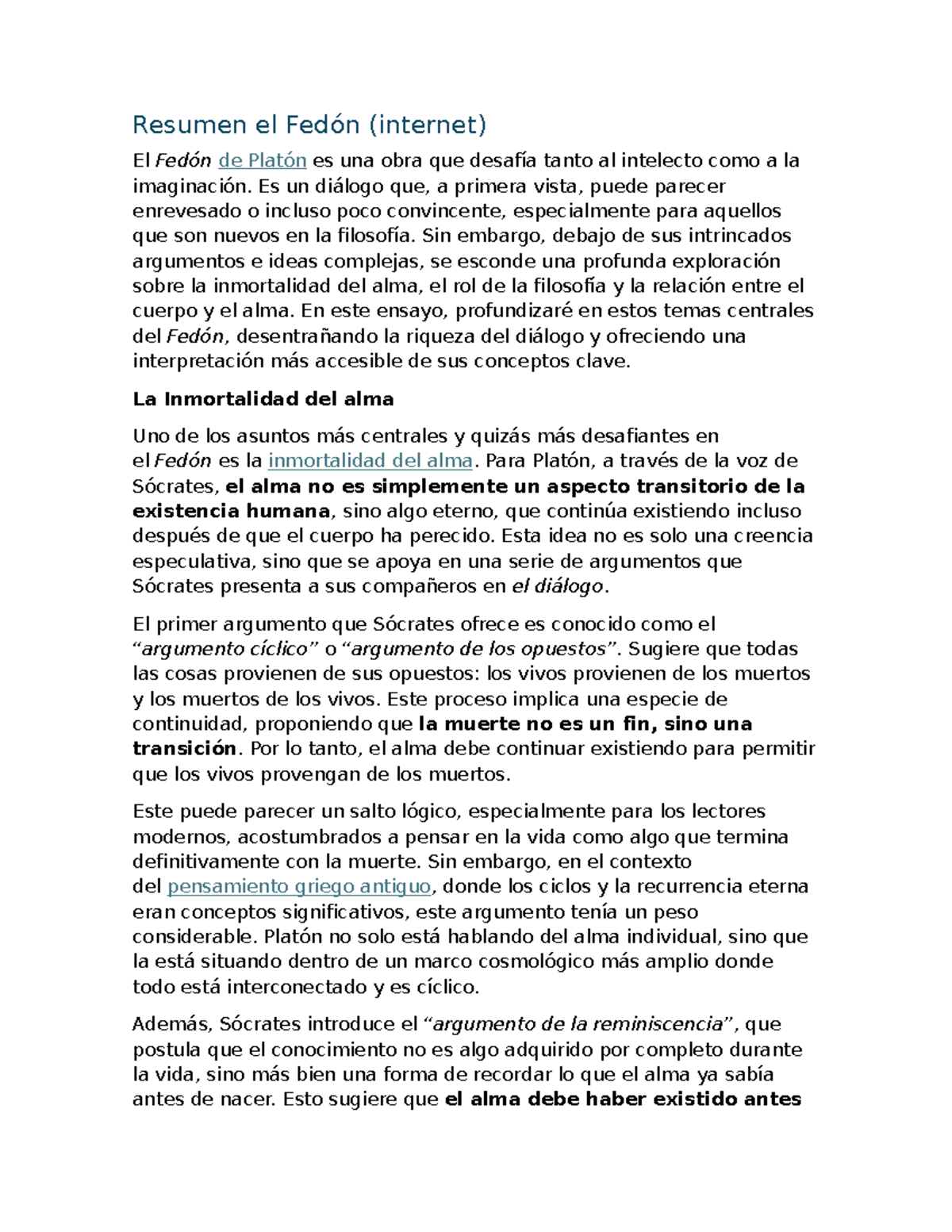 Resumen del Fedón de Platón: Inmortalidad del Alma y Filosofía - Studocu