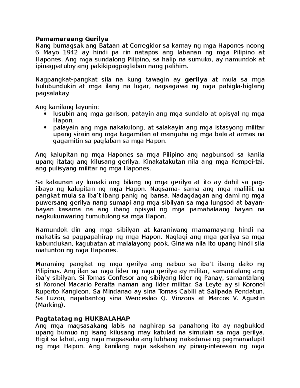 Pamamaraang Gerilya at HUKBALAHAP - LPS Study Notes - Studocu