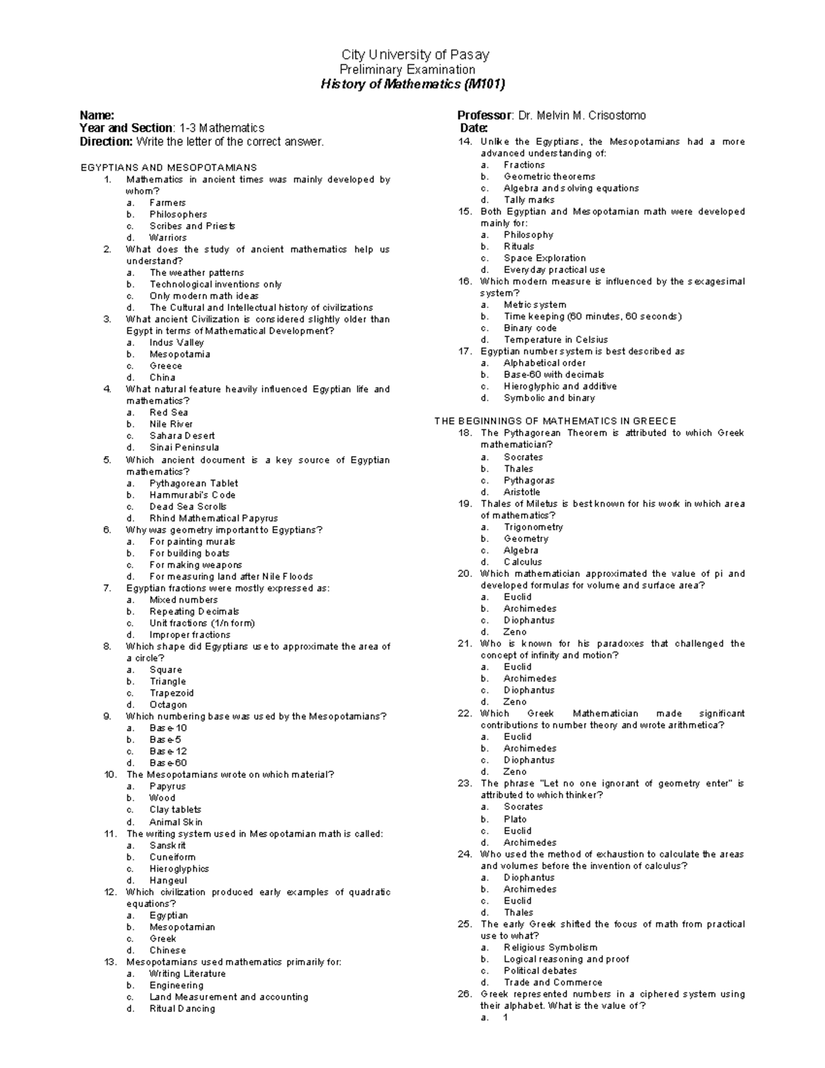 History of Mathematics Preliminary Exam (M101) - Studocu