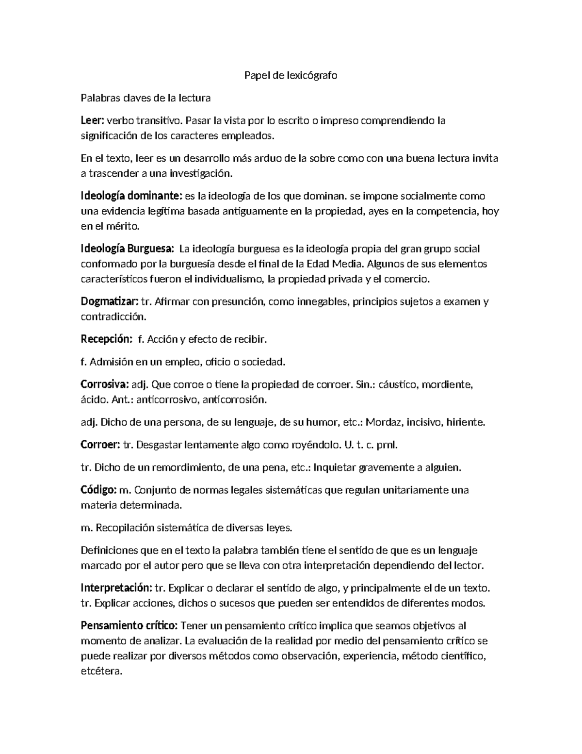 Papel de Lexicógrafo: Claves de Lectura y Pensamiento Crítico - Studocu