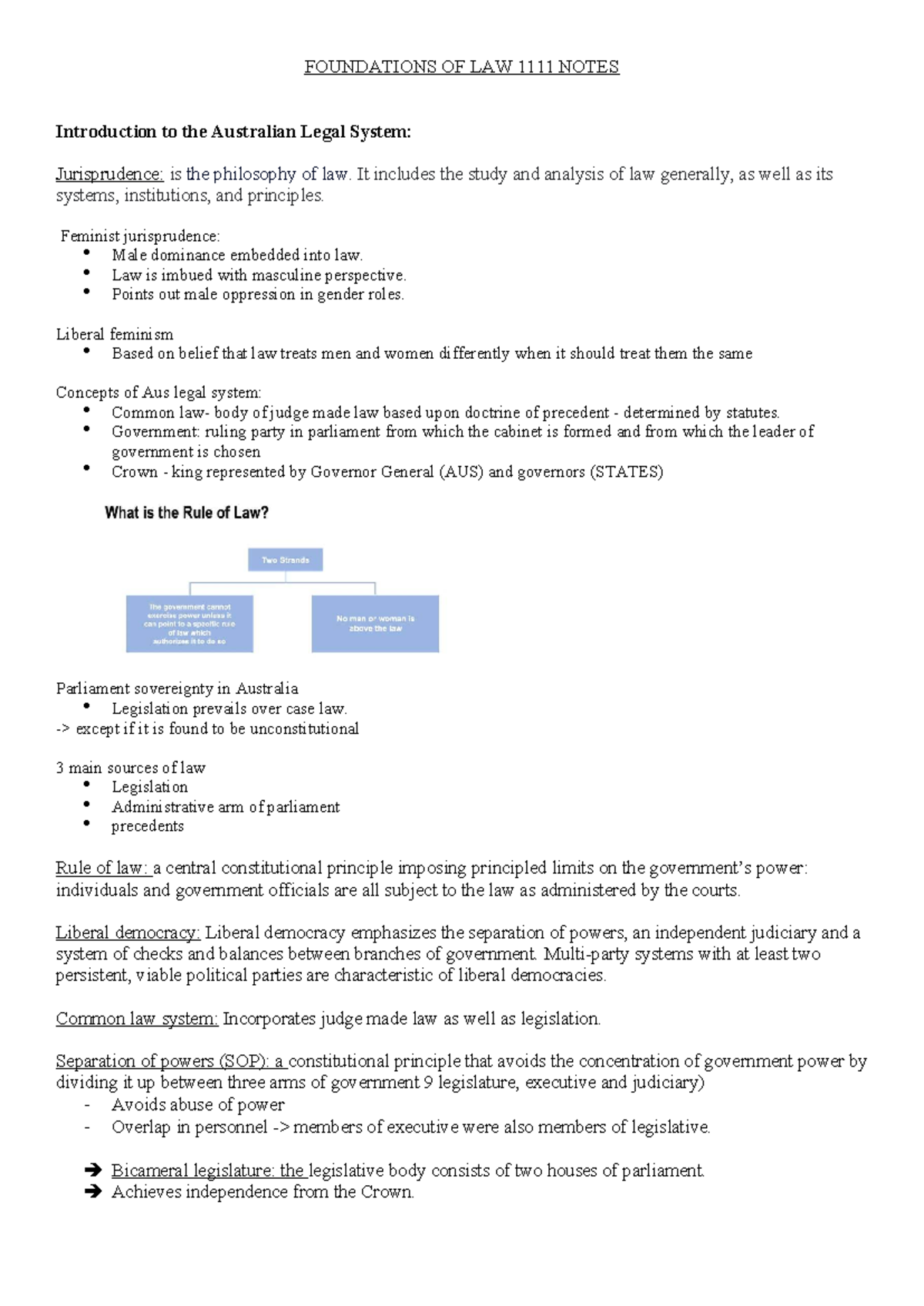 Foundations of Law 1111: Comprehensive Study Notes on the Australian ...