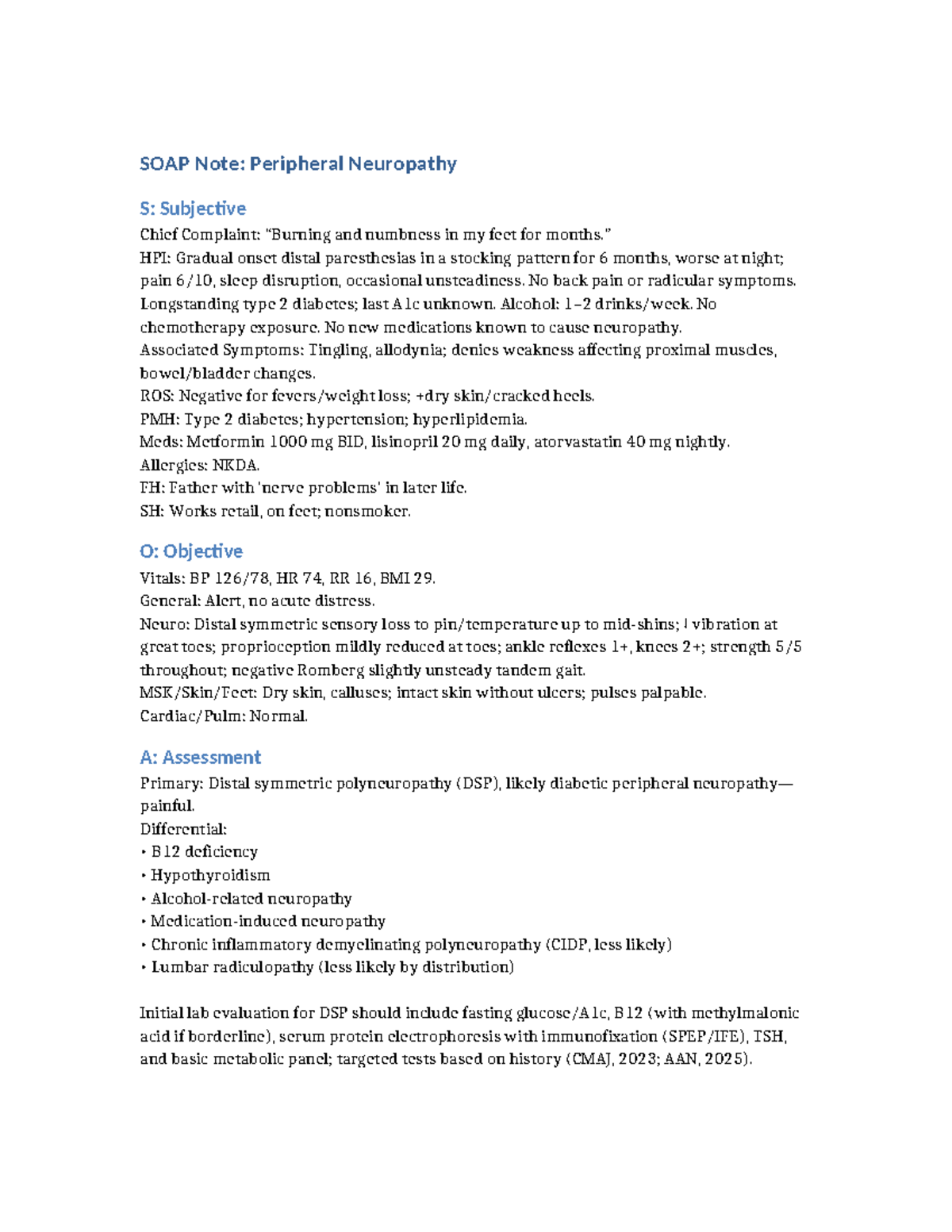 SOAP Note: Peripheral Neuropathy Assessment and Plan - Studocu