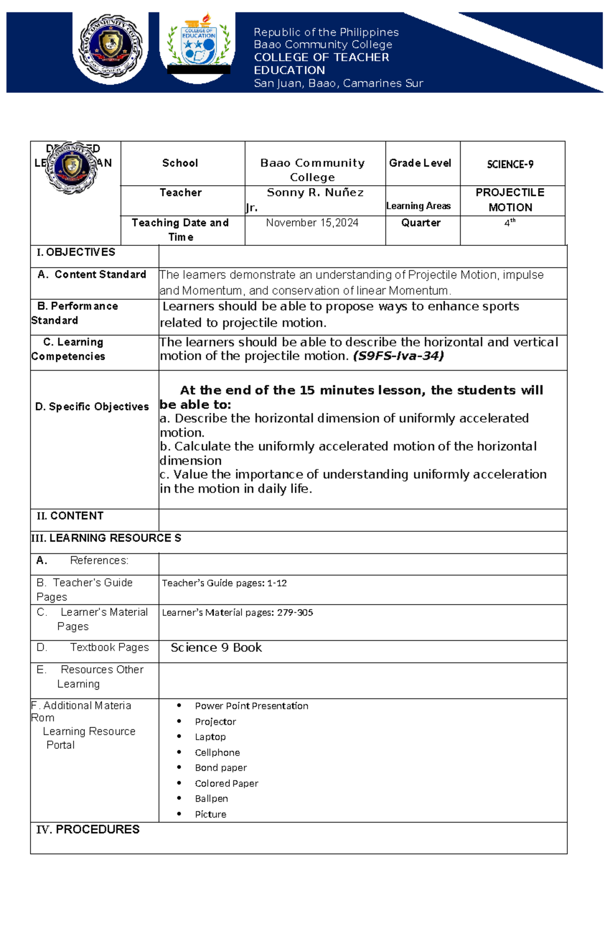 Lesson Plan- Sonny Nunez - Baao Community College COLLEGE OF TEACHER ...