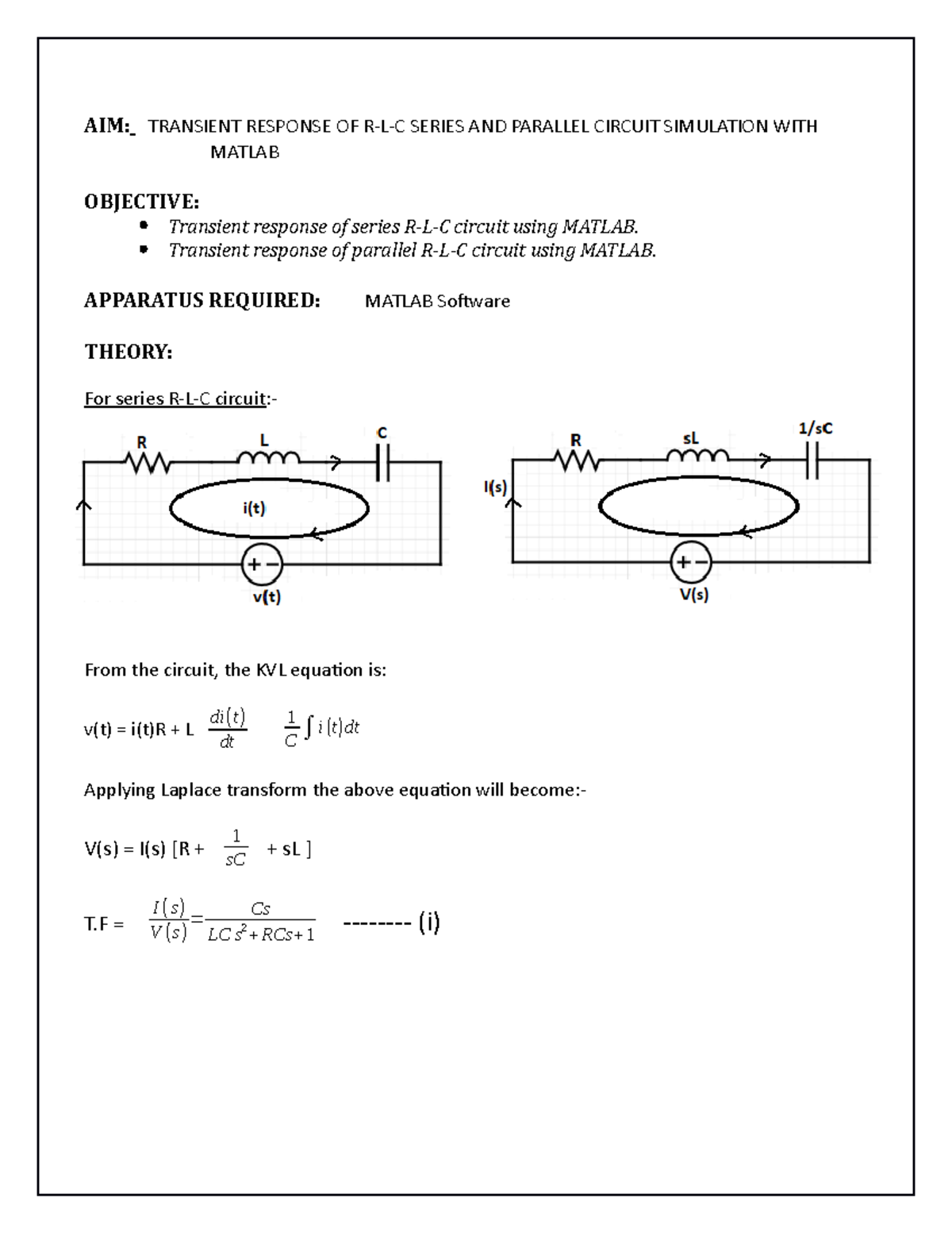 RLC Series Circuit Transient Response Simulation with MATLAB - Studocu