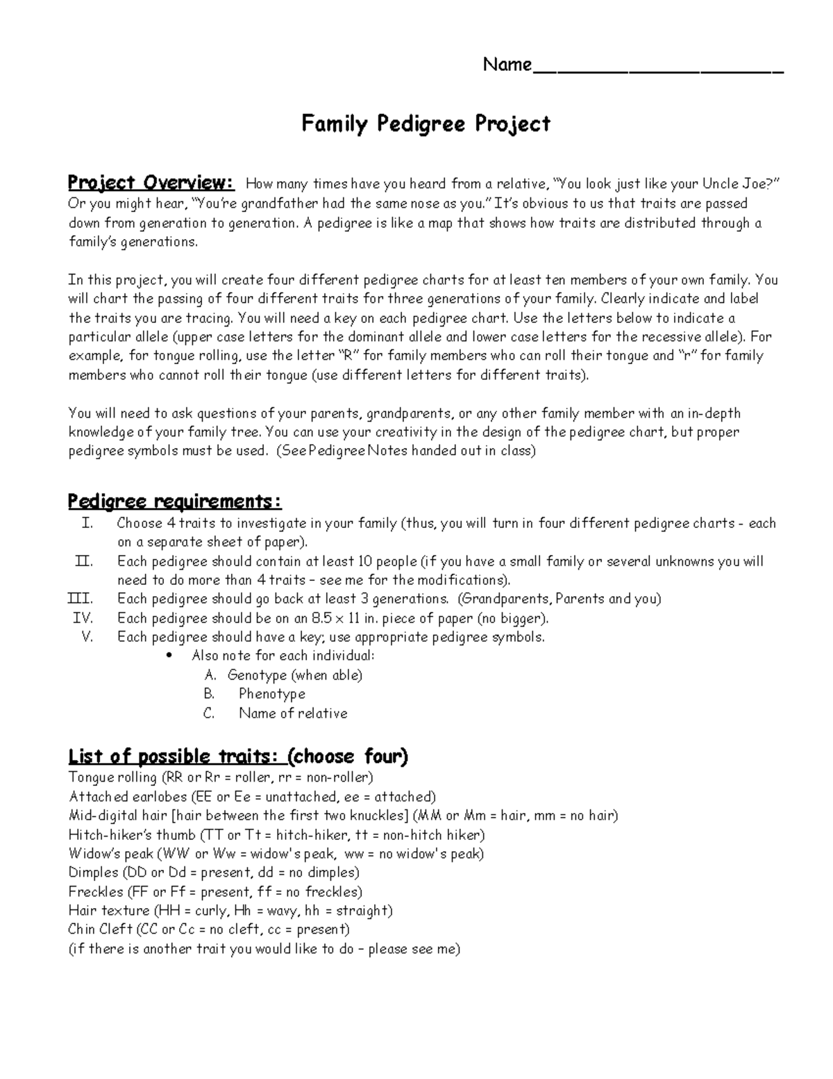 Family Pedigree Project: Genetic Traits Analysis and Charts - Studocu