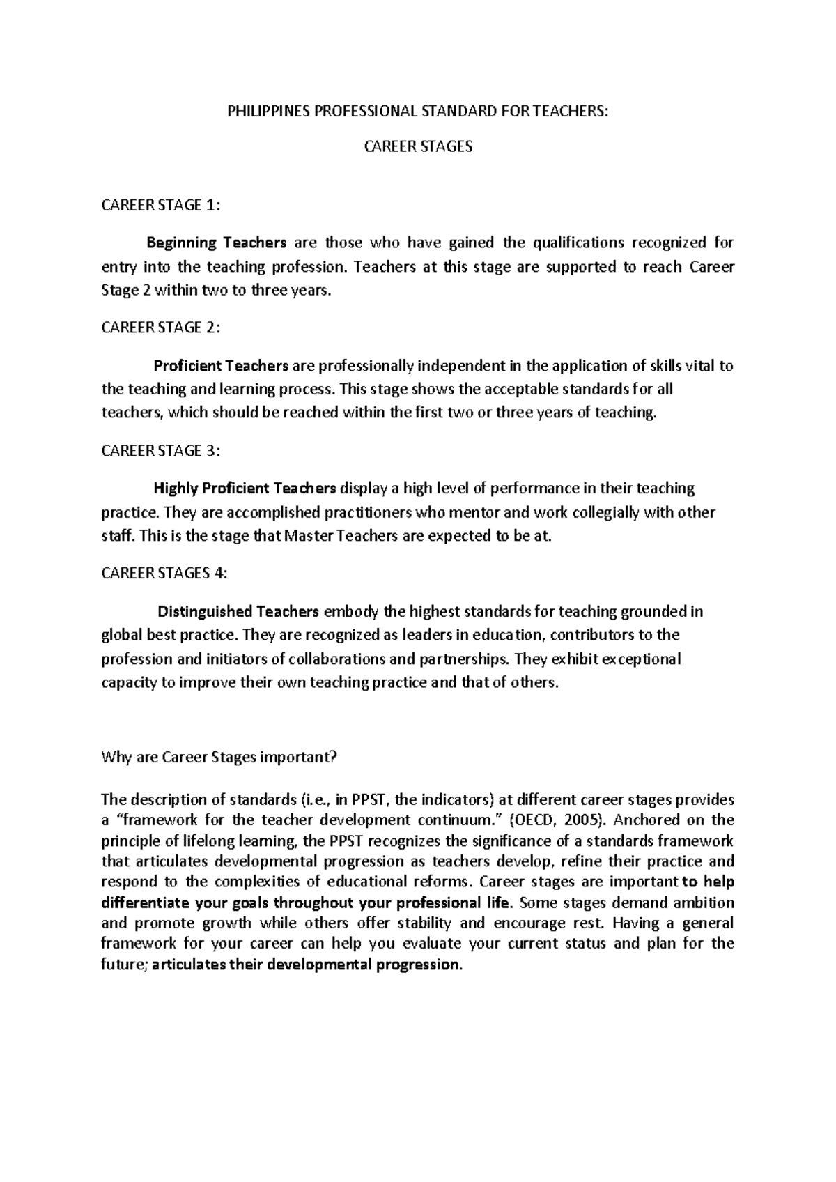 PPST Career Stages: Overview and Standards for Teachers - Studocu